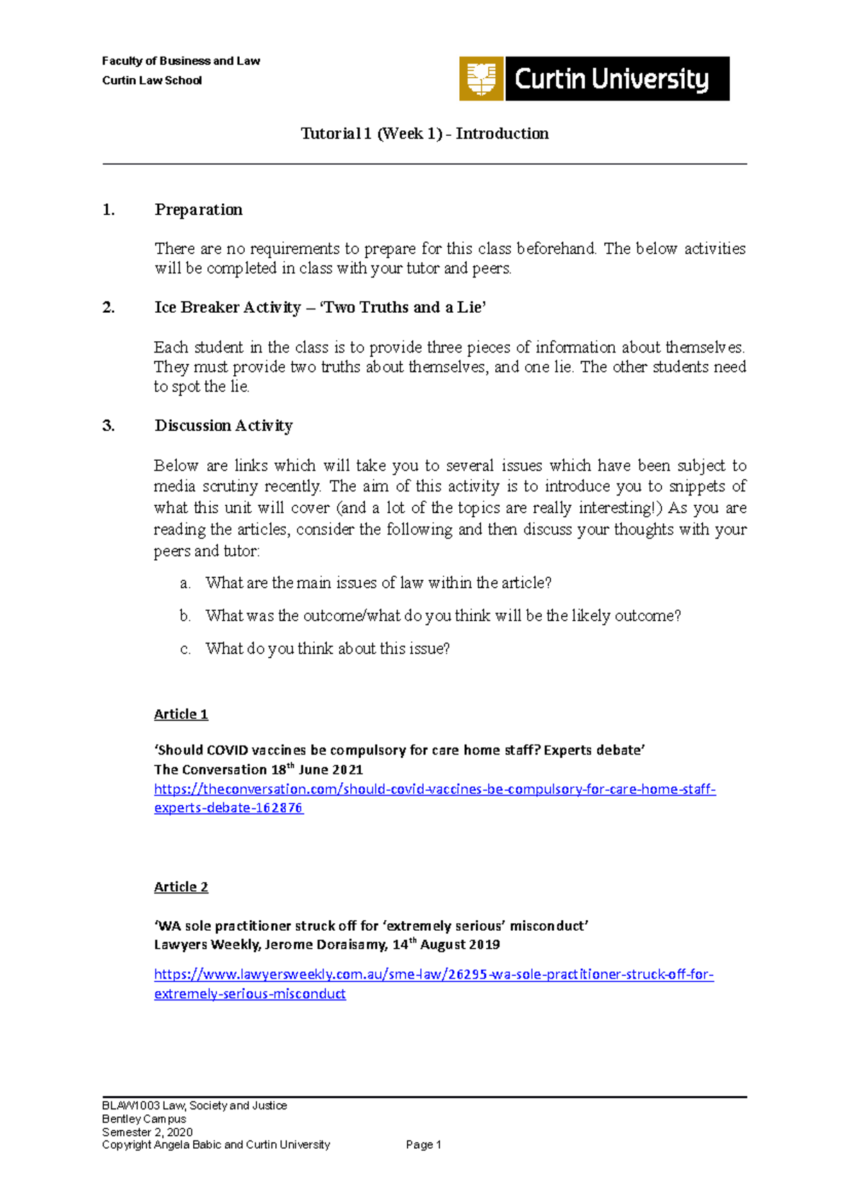 Week 1 Tutorial Student Version 2021 - Faculty of Business and Law Curtin Law School Tutorial 1 ...