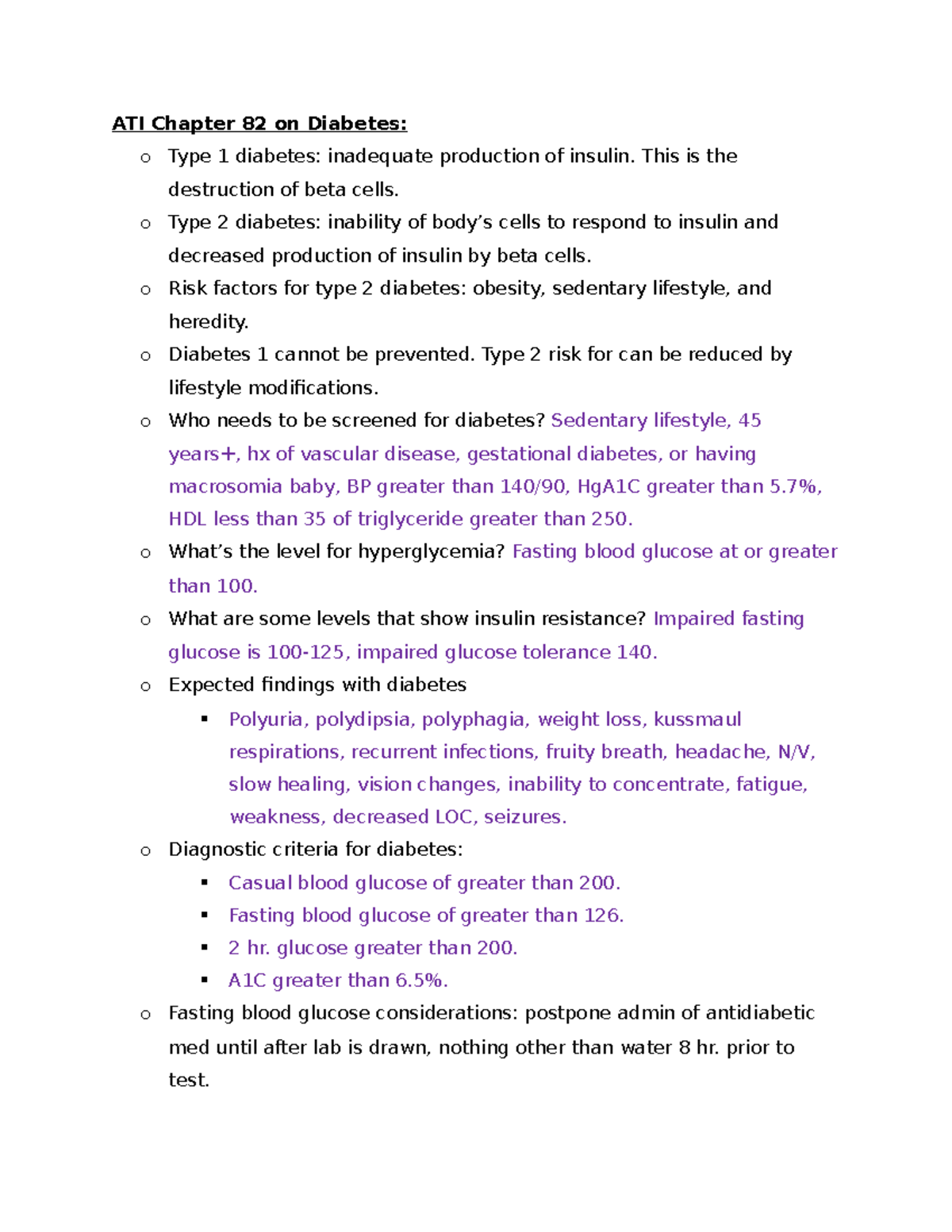 ATI Chapter 82 on Diabetes - ATI Chapter 82 on Diabetes: o Type 1 ...