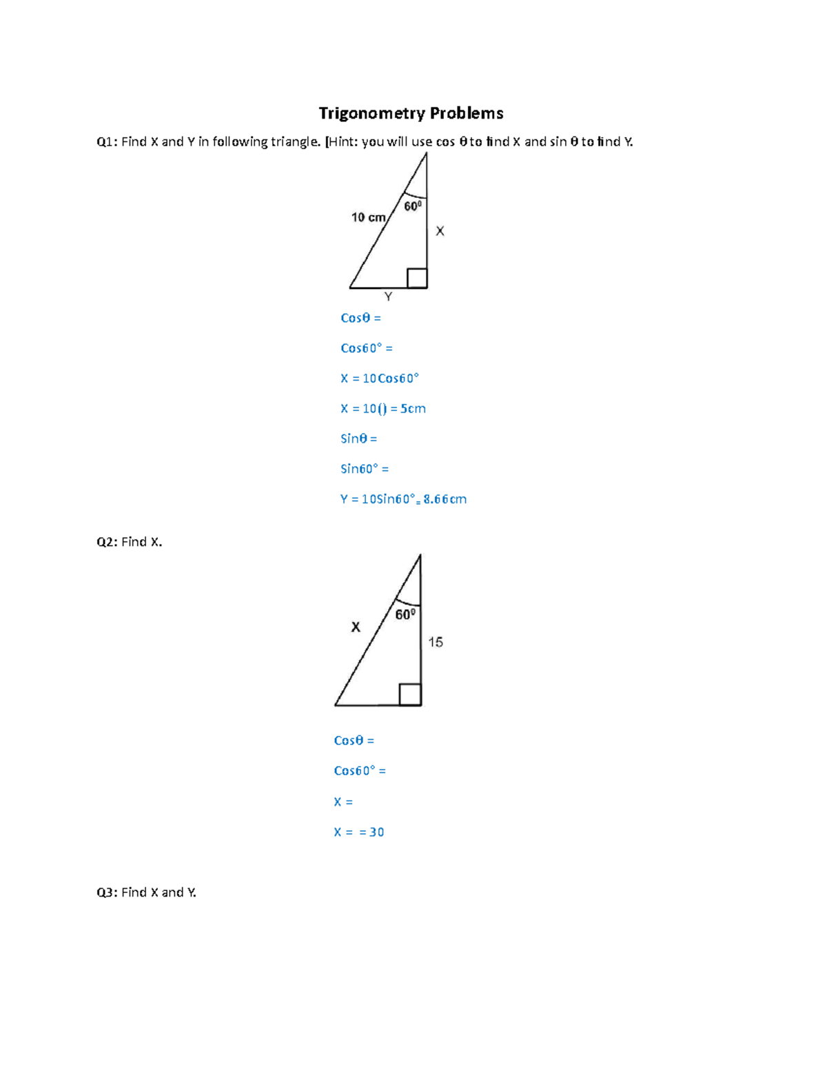 Trigonometry Problems(7) solved - Trigonometry Problems Q1: Find X and ...