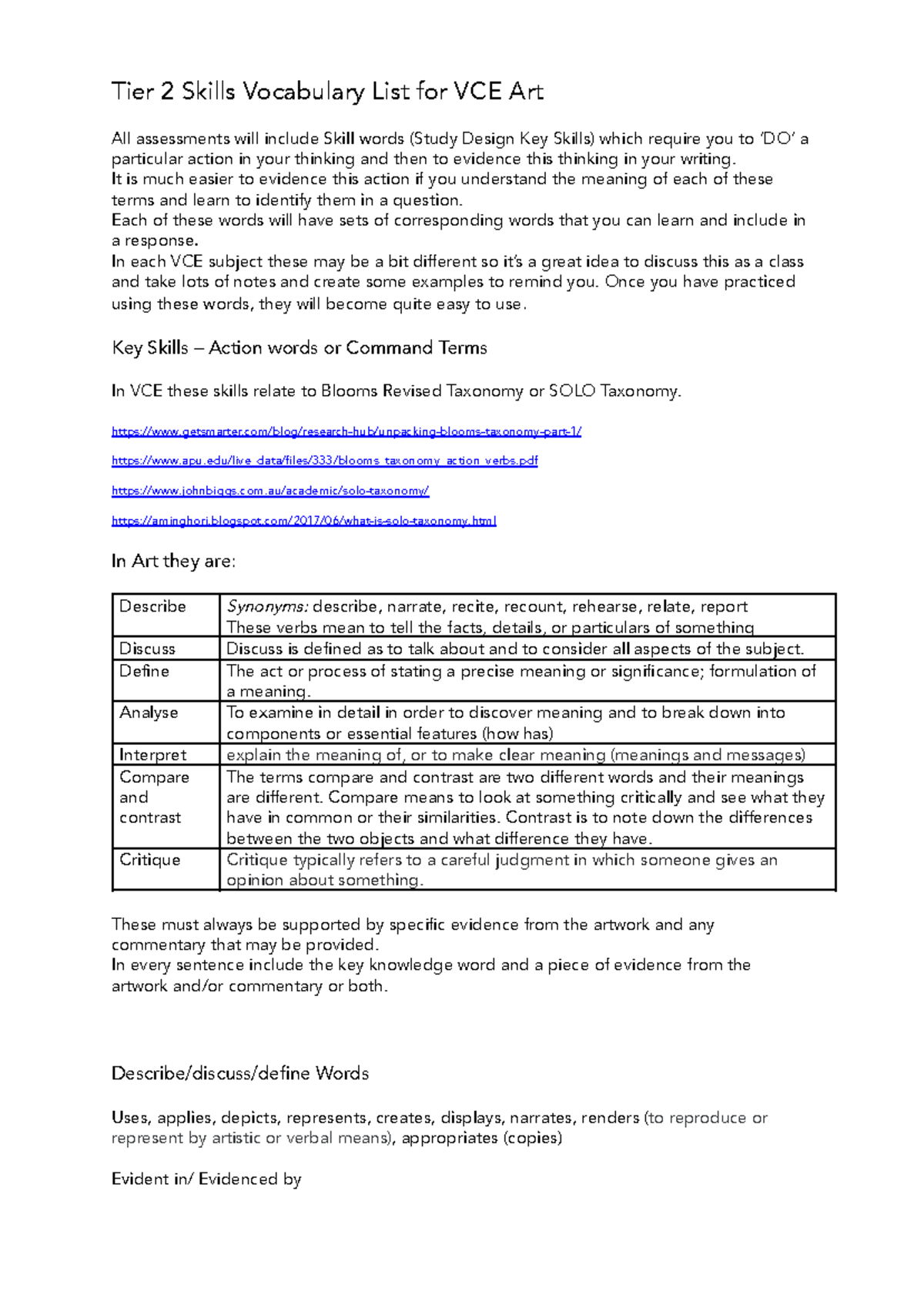 Art Vocab Skills.docx - Tier 2 Skills Vocabulary List for VCE Art All ...