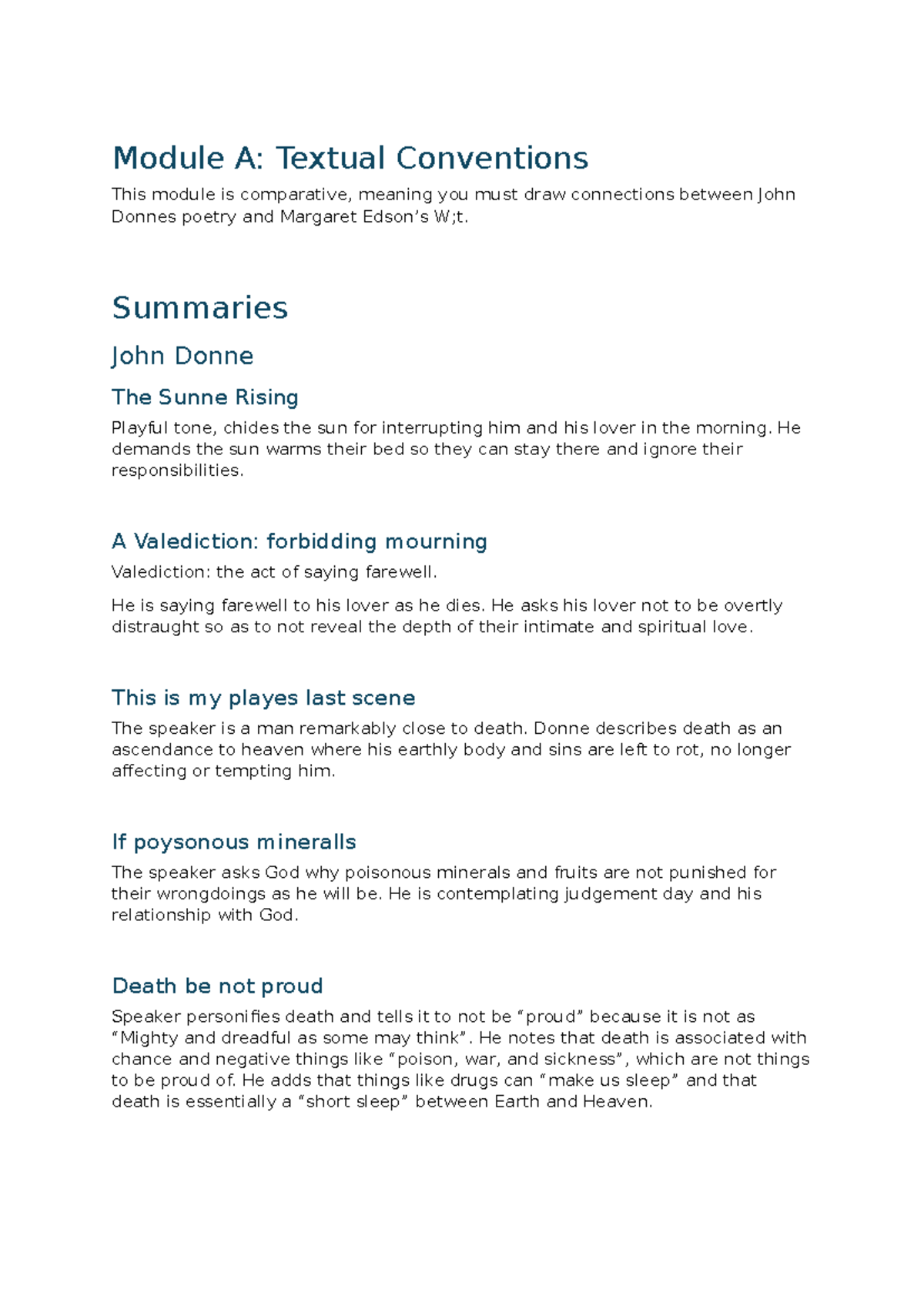 John donne (mod A) themes - Module A: Textual Conventions This module ...