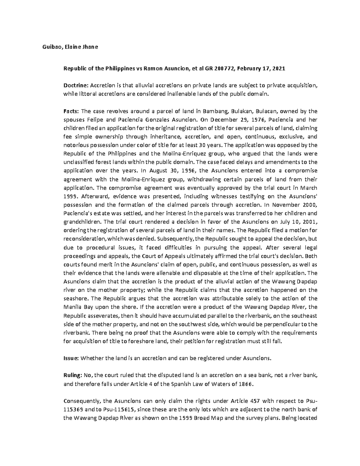 Republic of the Philippines vs Ramon Asuncion, et al GR 2007 72, February 17, 2021 - Guibao ...