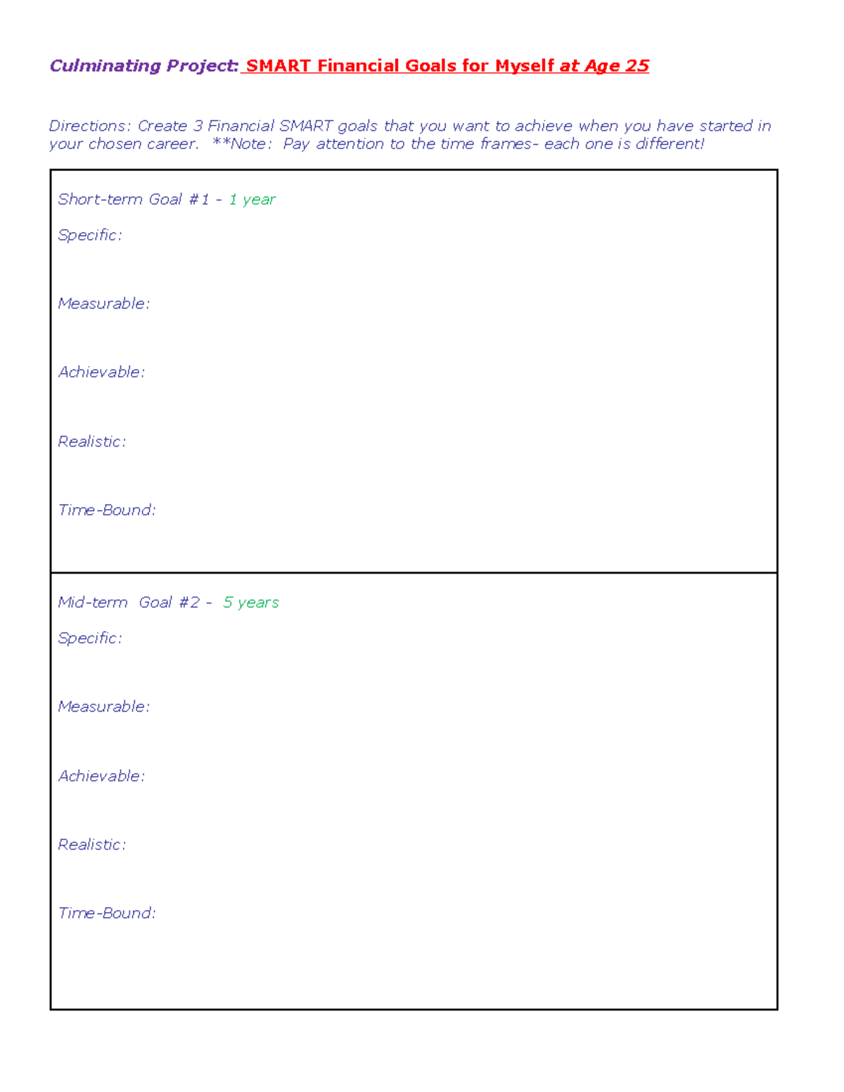 My Savings Plan-Financial Smartgoals Template - Culminating Project ...