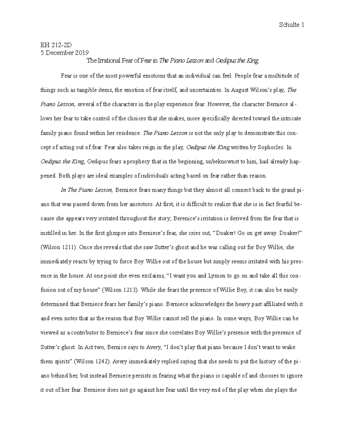 Dramatic Essay - Oedipus the King - EH 212-2D 5 December 2019 The Irrational Fear of Fear in The ...