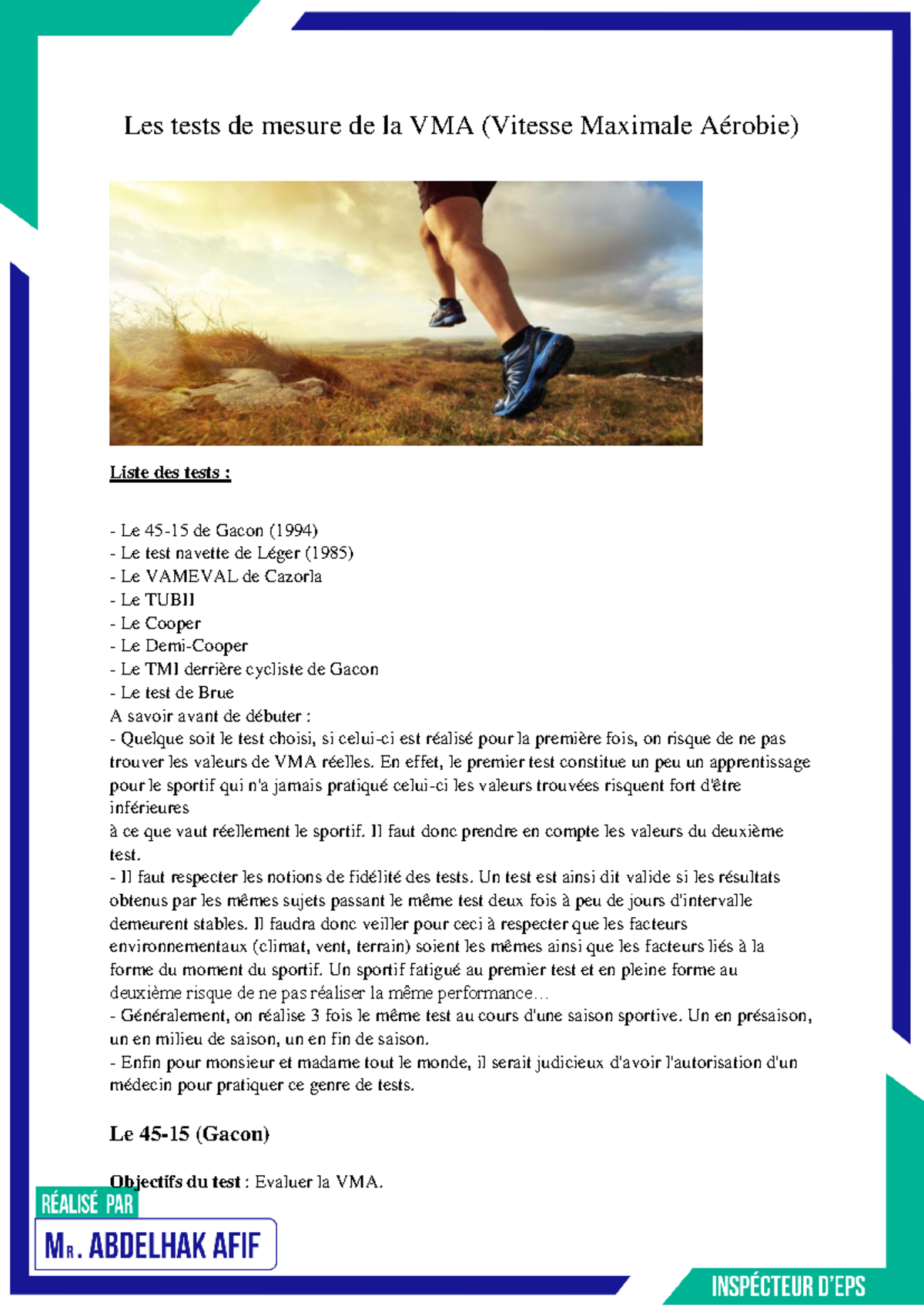 Doccv 02 - test mesure de vma - Les tests de mesure de la VMA (Vitesse ...