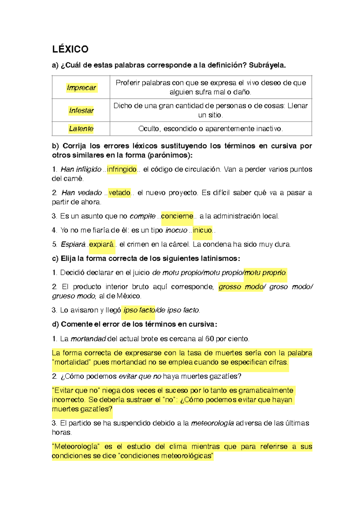 Actividad léxico - Act deberes - LÉXICO a) ¿Cuál de estas palabras ...