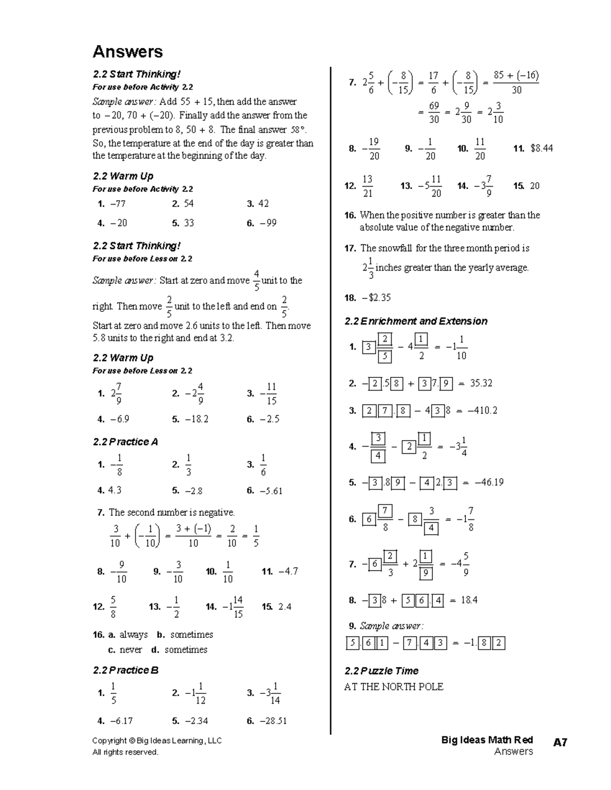 2.2 Practice A answer key - Answers Copyright © Big Ideas Learning, LLC ...