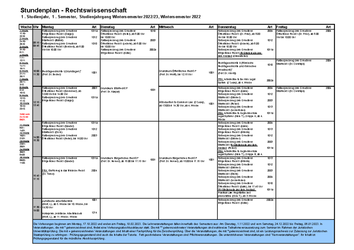 Stundenplan - Kbhh - Stundenplan - Rechtswissenschaft 1. Studienjahr, 1 ...