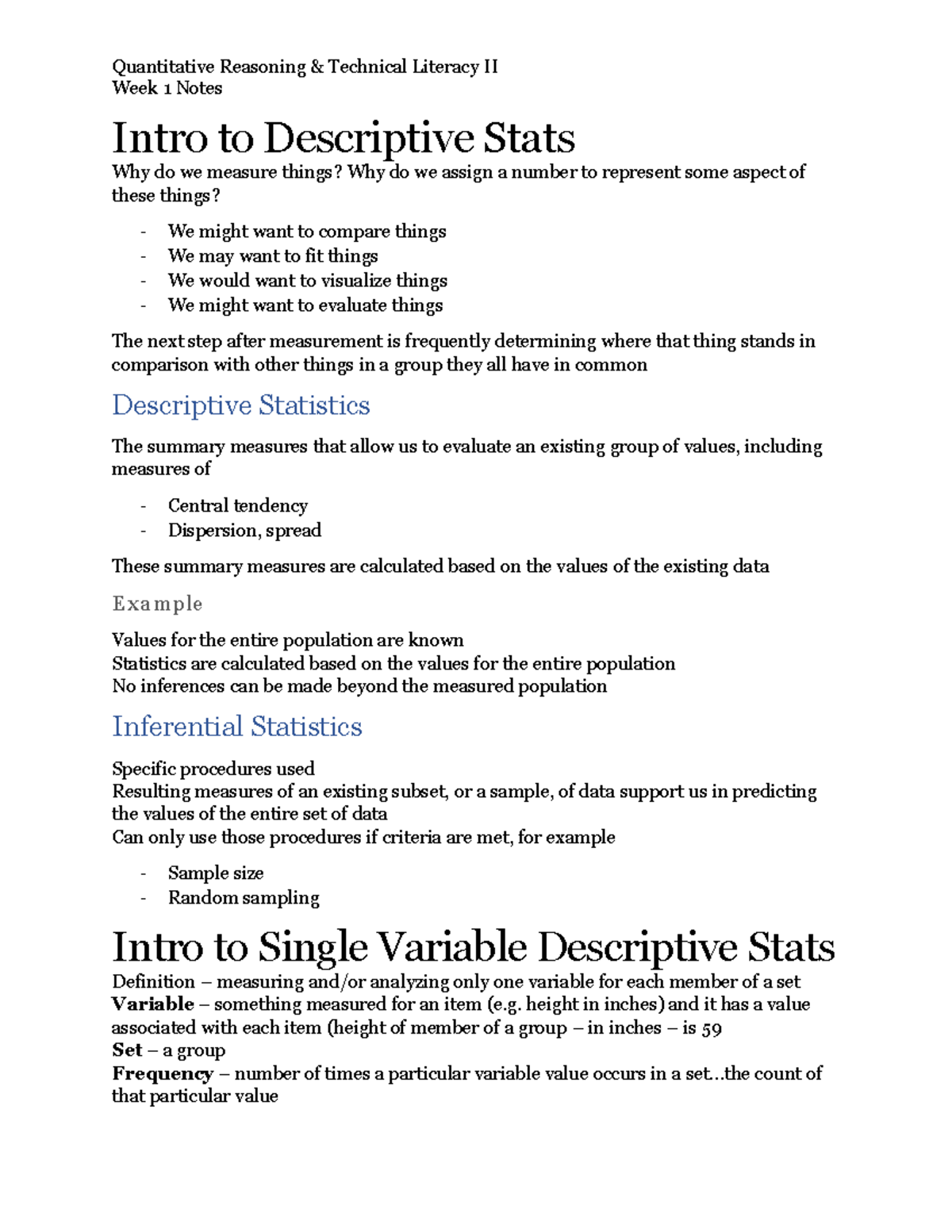 Inferential and Descriptive Stats (LSP 121) - Week 1 Notes Intro to ...