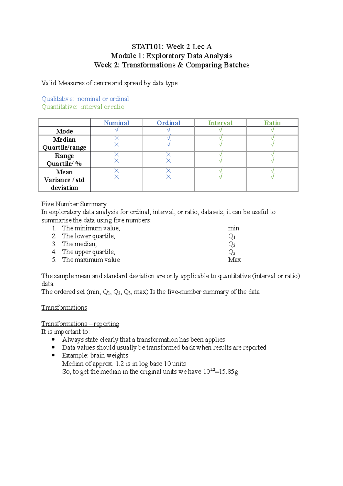 Lecture A - STAT101: Week 2 Lec A Module 1: Exploratory Data Analysis Week 2: Transformations ...