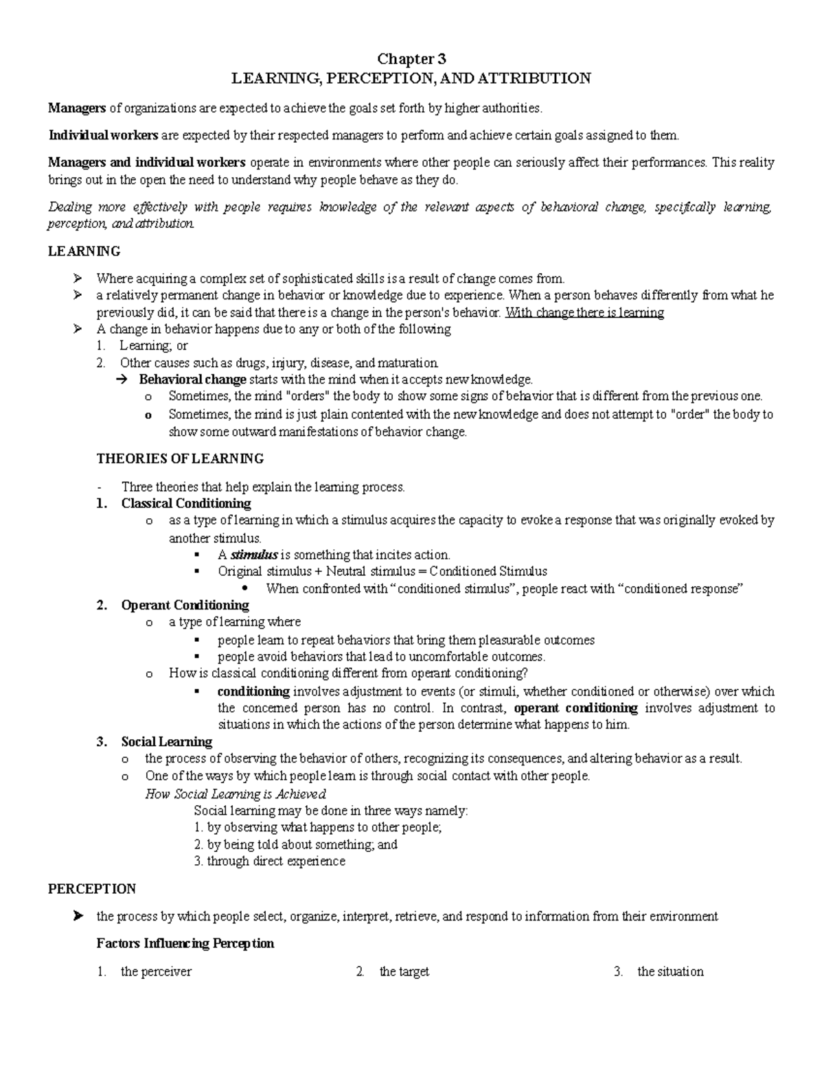 BA- Chapter-3 - Chapter 3 LEARNING, PERCEPTION, AND ATTRIBUTION Managers of organizations are ...