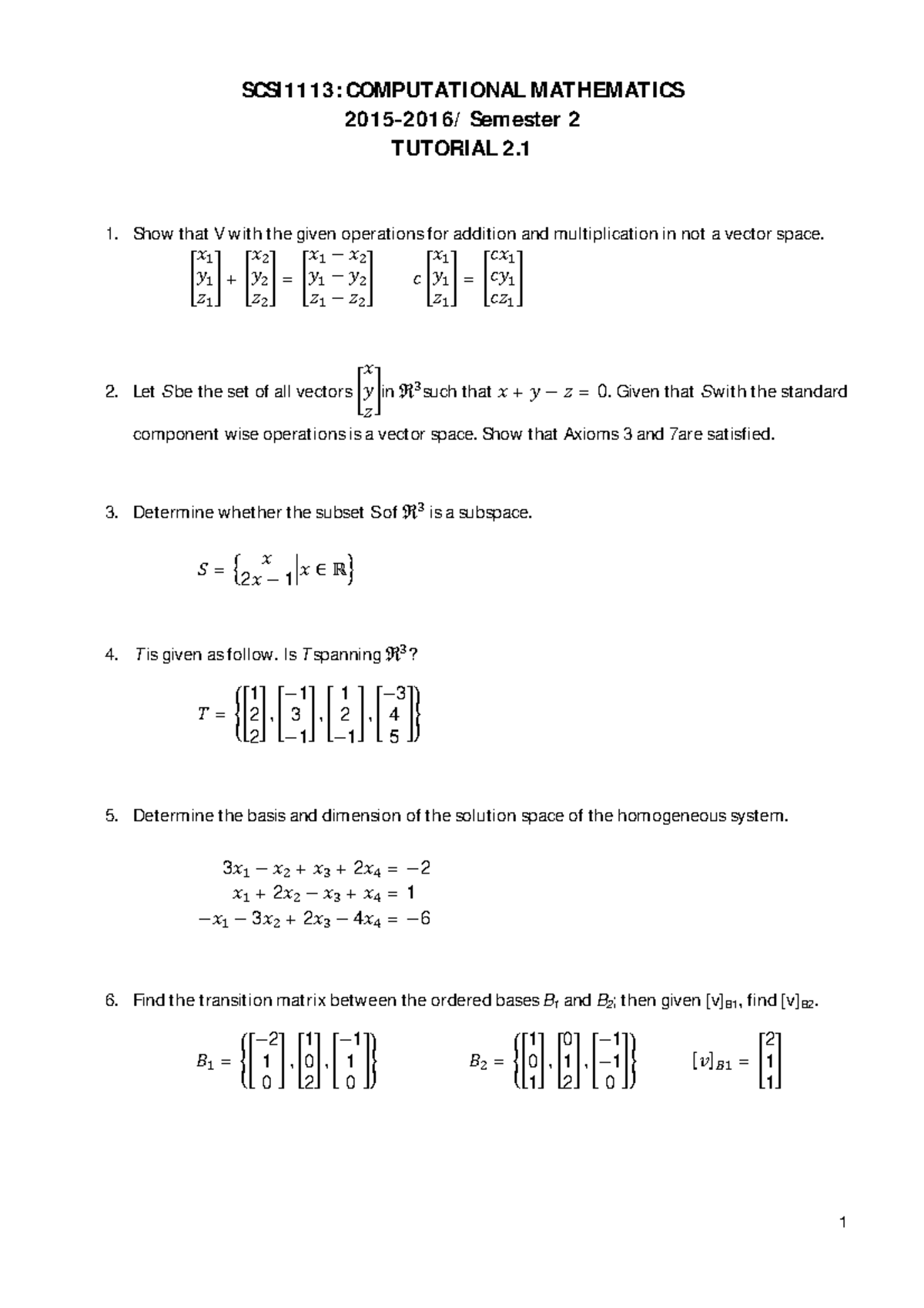 Tutorial 2 - Vectors - SCSI1113: COMPUTATIONAL MATHEMATICS 2015-2016/ Semester 2 TUTORIAL 2 1 ...