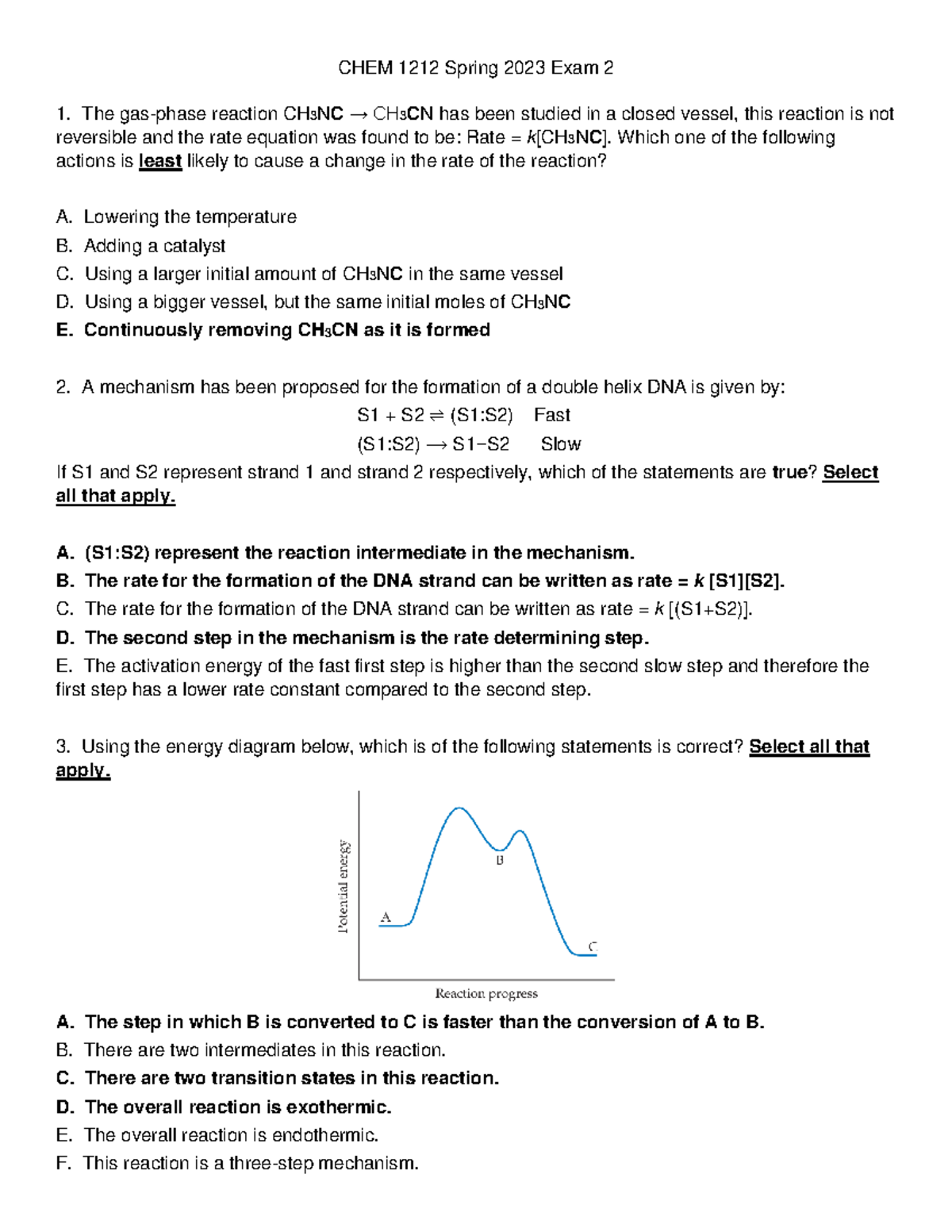 Exam 2 Practice Exam - CHEM 1212 Spring 2023 Exam 2 The gas-phase ...