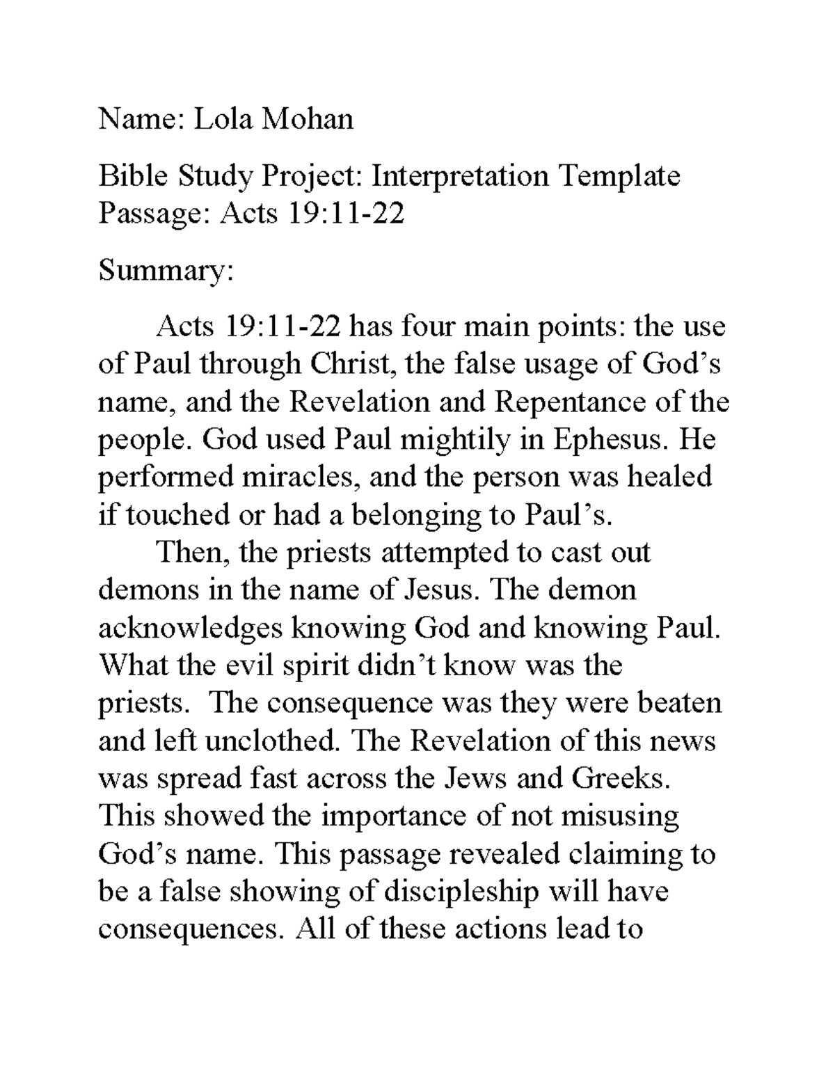 Interpretation Assingment - Name: Lola Mohan Bible Study Project ...