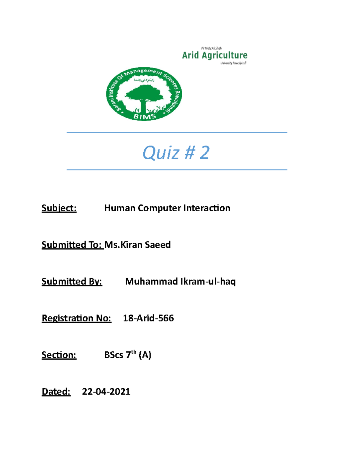 Front page - asd - Quiz # 2 Subject: Human Computer Interaction ...