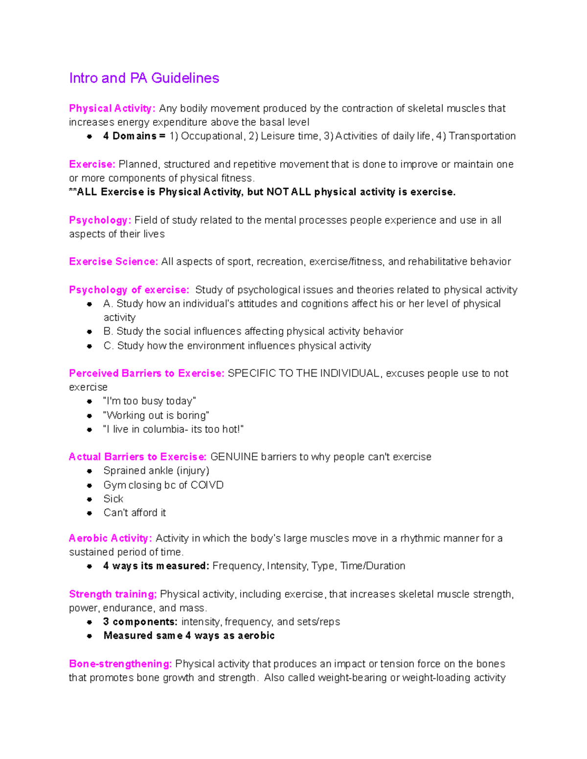 Exam 1 Study Guide EXSC410 - Intro and PA Guidelines Physical Activity ...