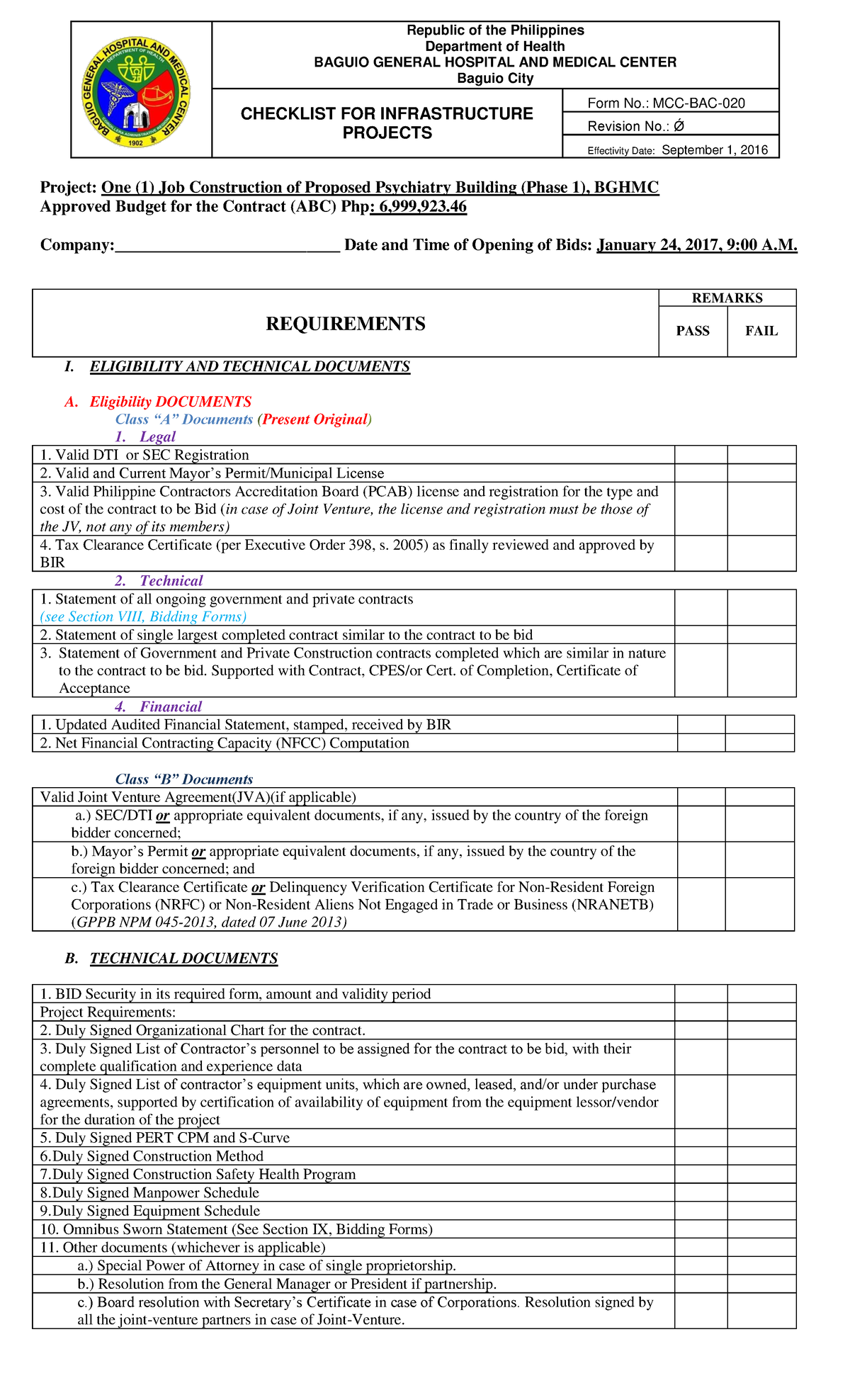 Checklist FOR Infrastructure 2017 - Republic of the Philippines ...