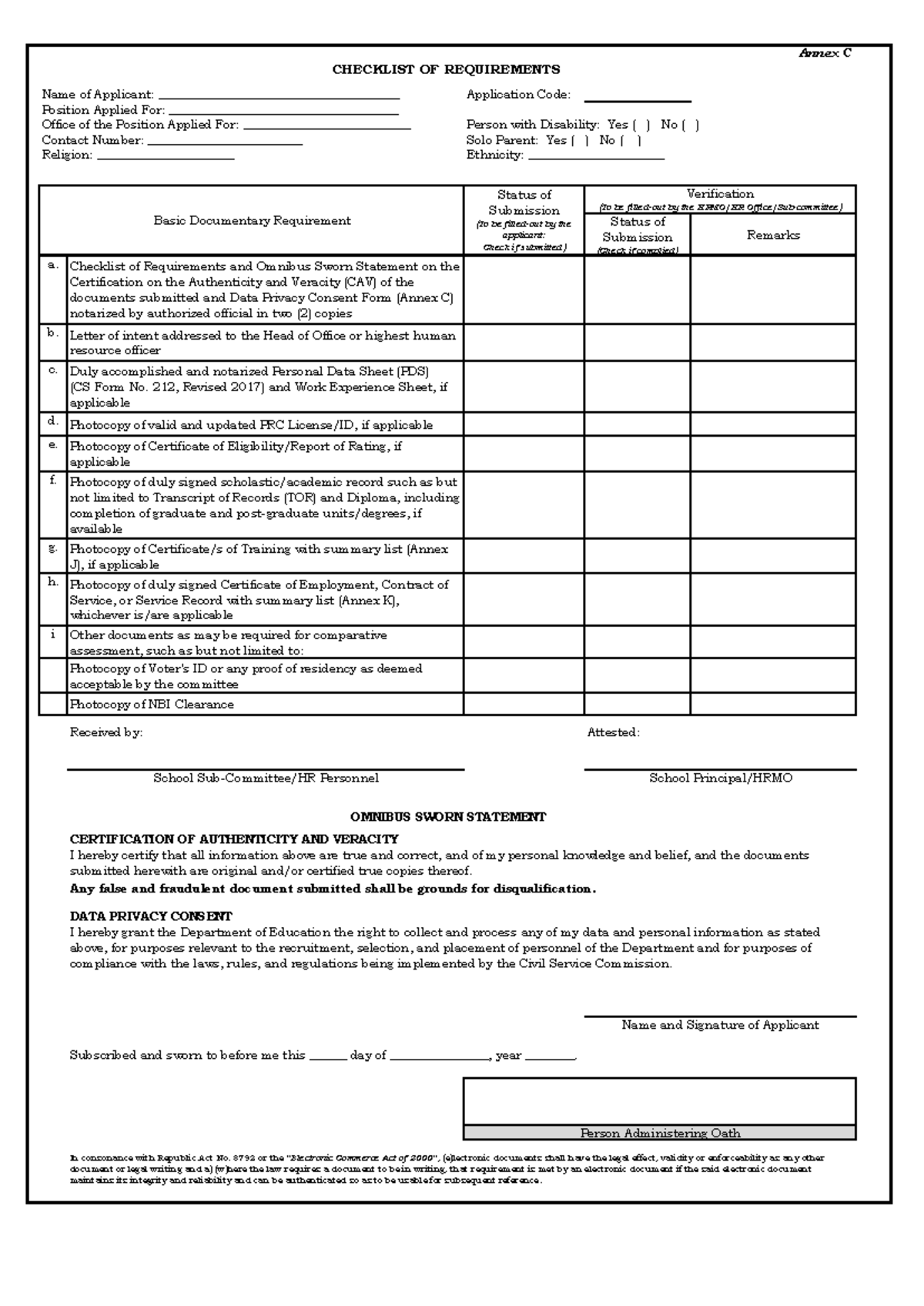 Annex-C Checklist-of-Requirements-and-Omnibus-Sworn-Statement Teacher I ...