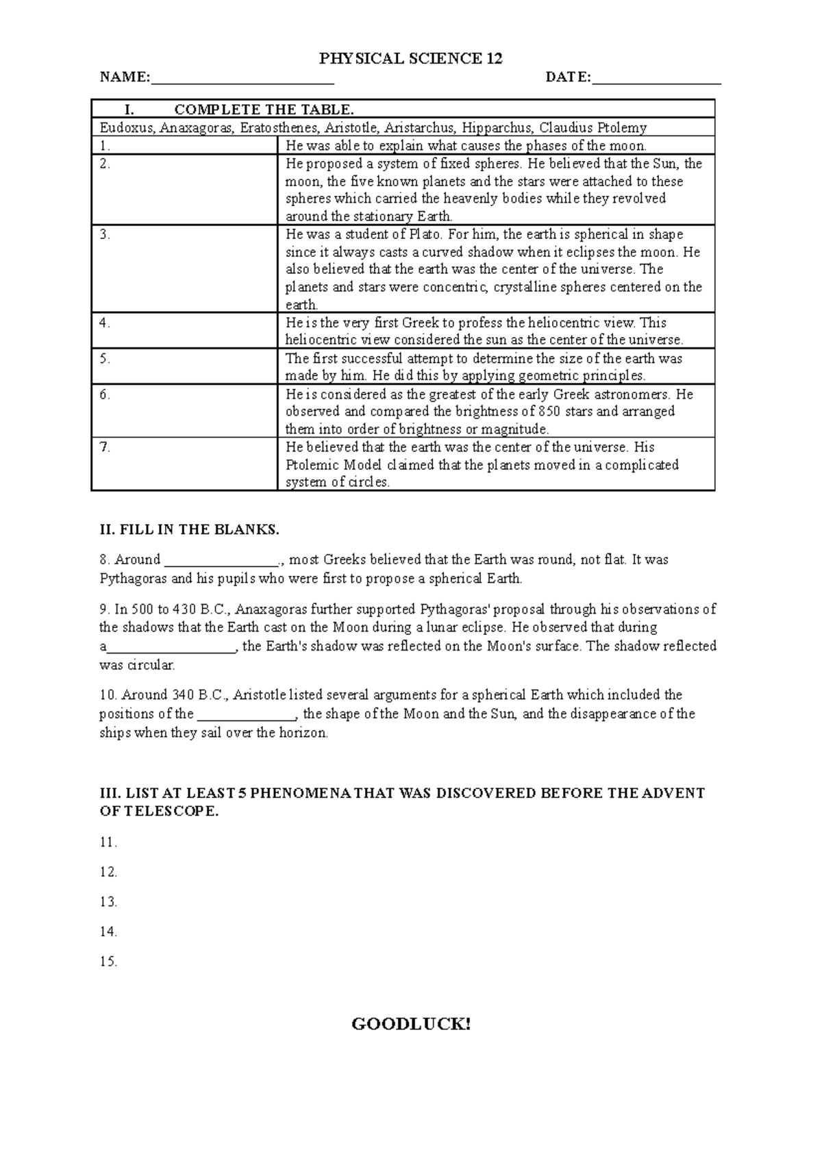 Ancient astronomy evaluation - PHYSICAL SCIENCE 12 NAME ...