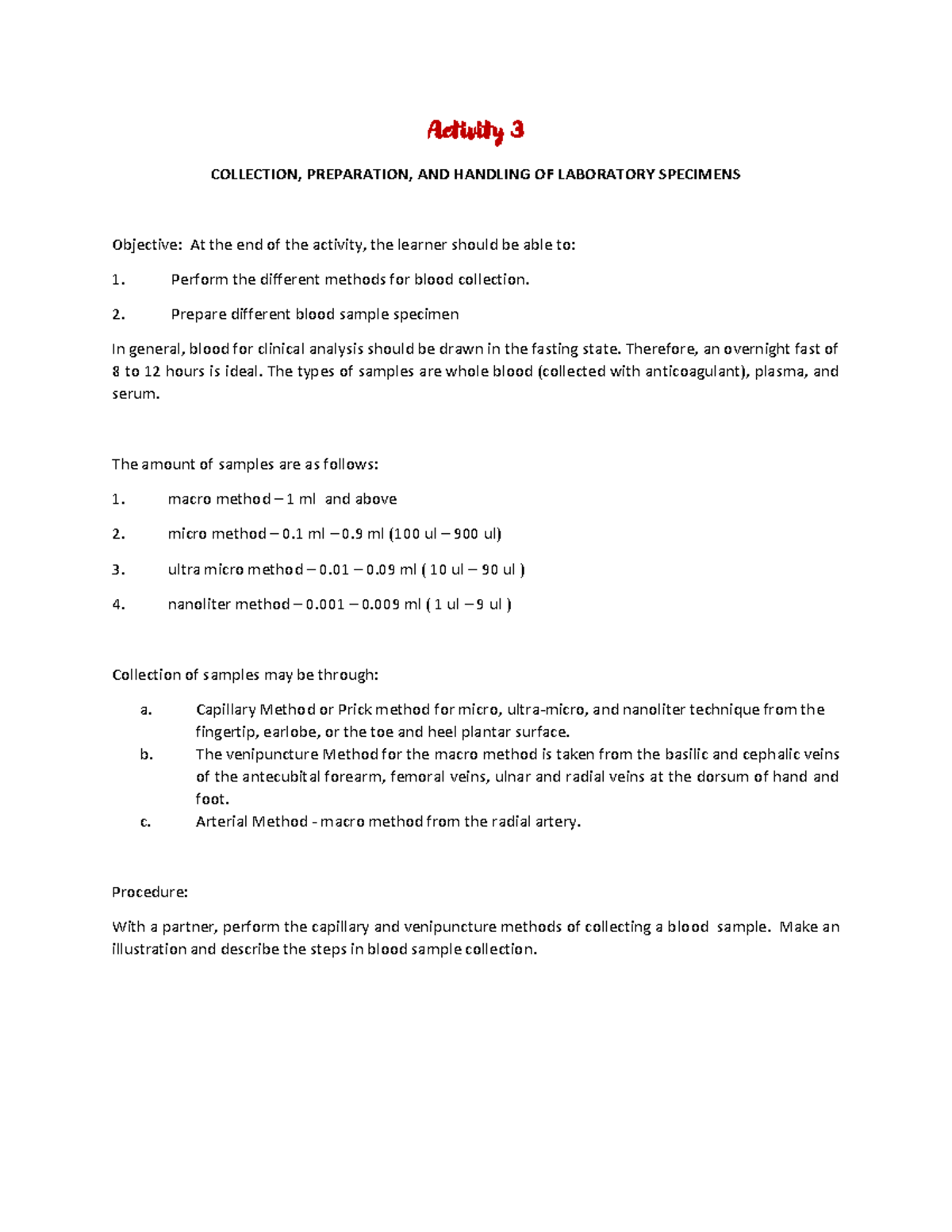 CLIN CHEM 2 LAB Activity 3- Sample collection - Activity 3 COLLECTION, PREPARATION, AND HANDLING ...