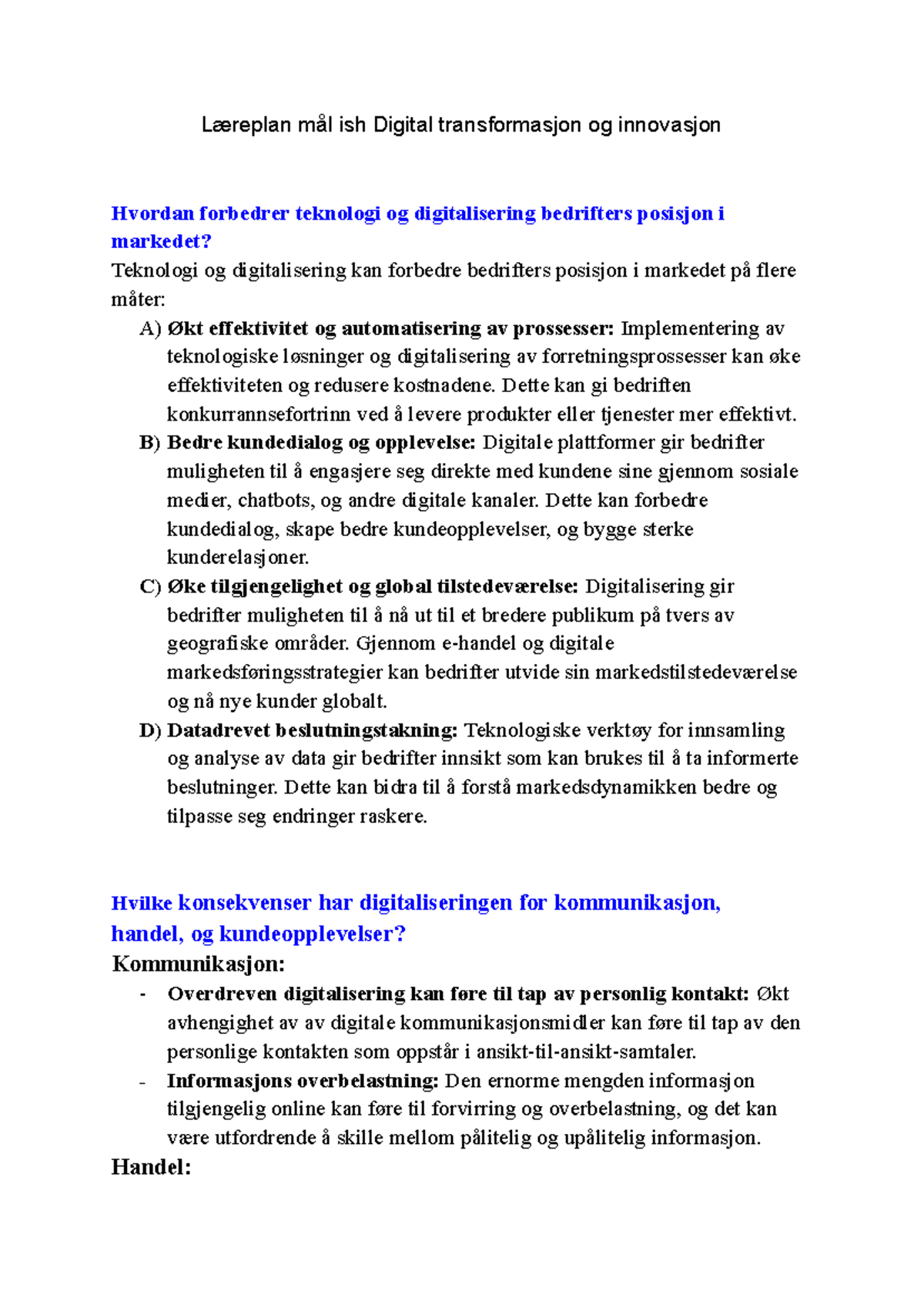 Læreplan mål ish Digital transformasjon og innovasjon - Læreplan mål ish Digital transformasjon ...