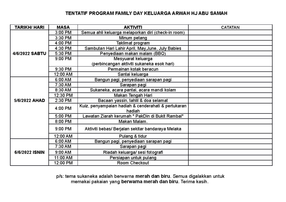 Tentatif Program - dddddddd - TARIKH/ HARI MASA AKTIVITI CATATAN 3:00 ...
