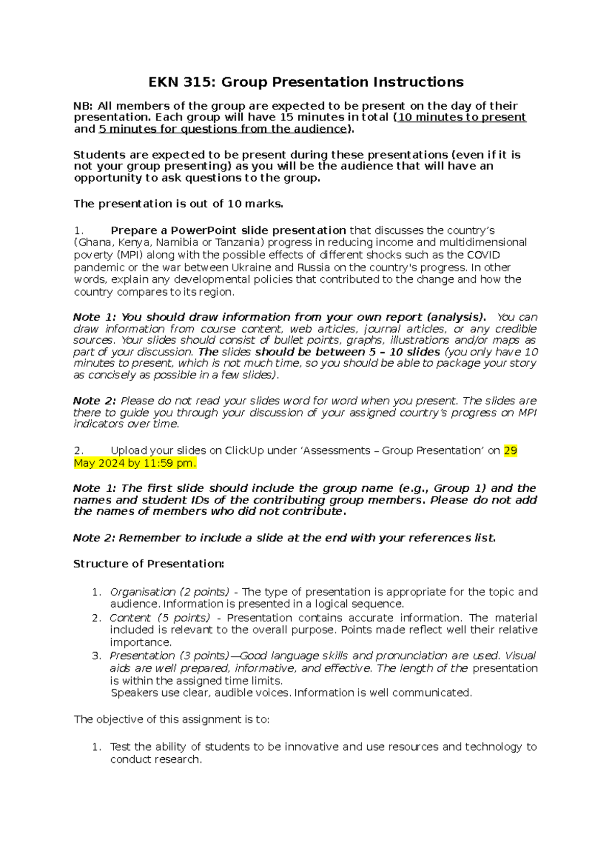 Group presentation instructions 2024 - EKN 315: Group Presentation ...