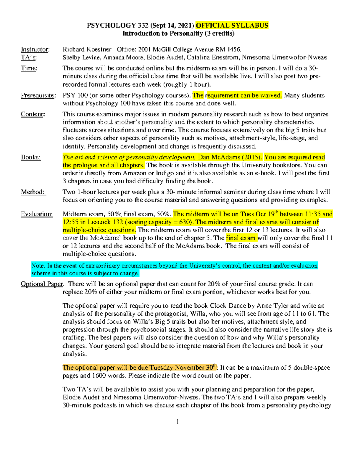 Course Ouline Psyc 332 - PSYCHOLOGY 332 (Sept 14, 2021) OFFICIAL SYLLABUS Introduction to - Studocu