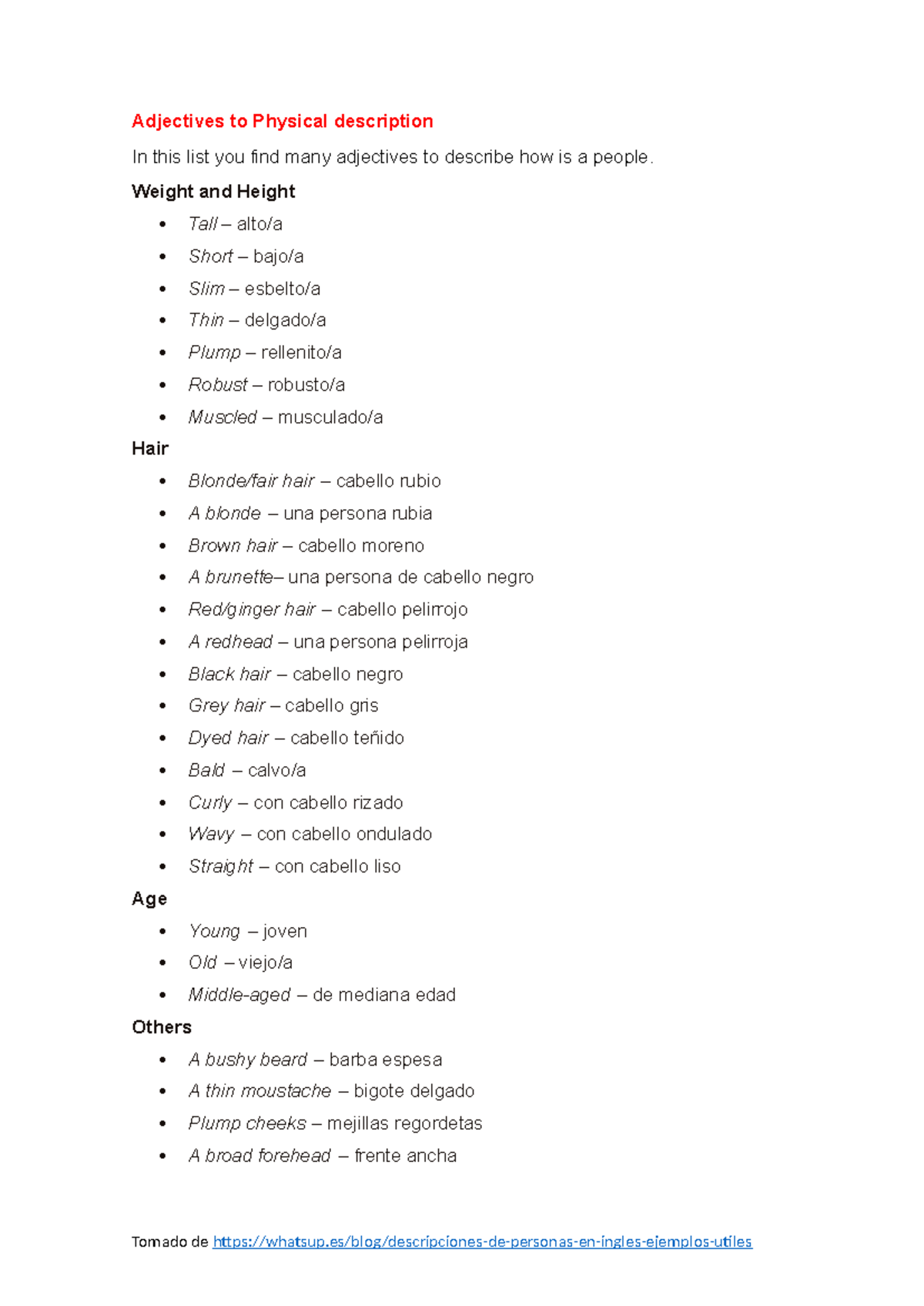 Adjectives to physical descriptions - Weight and Height Tall – alto/a ...