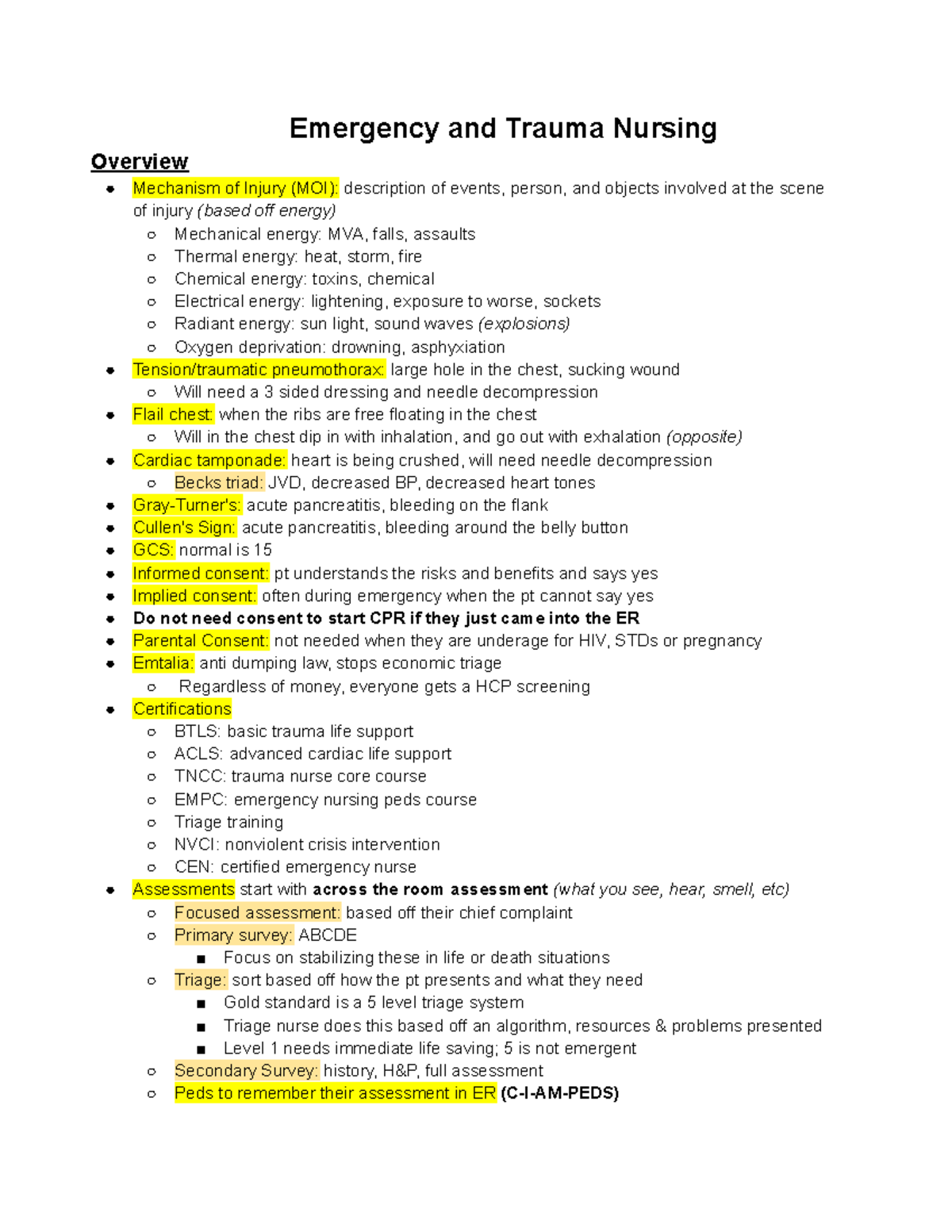 213 emerg unit 6 - Emergency and Trauma Nursing Overview Mechanism of ...
