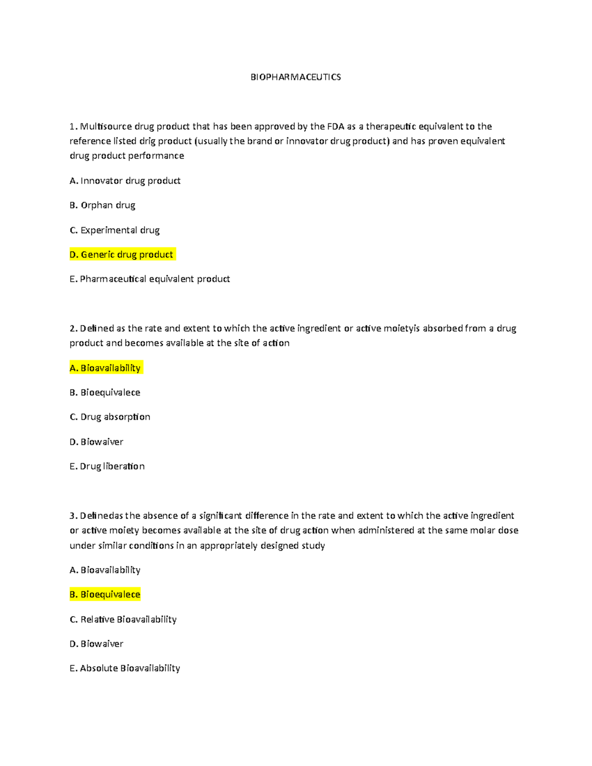 Biopharmaceutics 3 - Pacop materials Questions and Answers ...