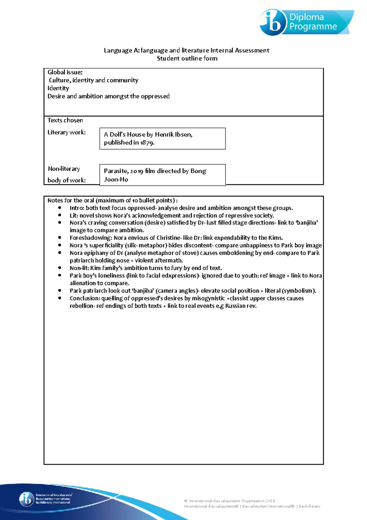 English IO form improved 1 - Language A: language and literature Internal Assessment Student ...