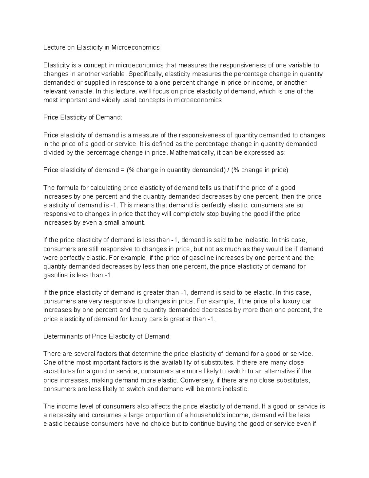 Lecture On Elasticity In Microeconomics Lecture On Elasticity In Microeconomics Elasticity Is