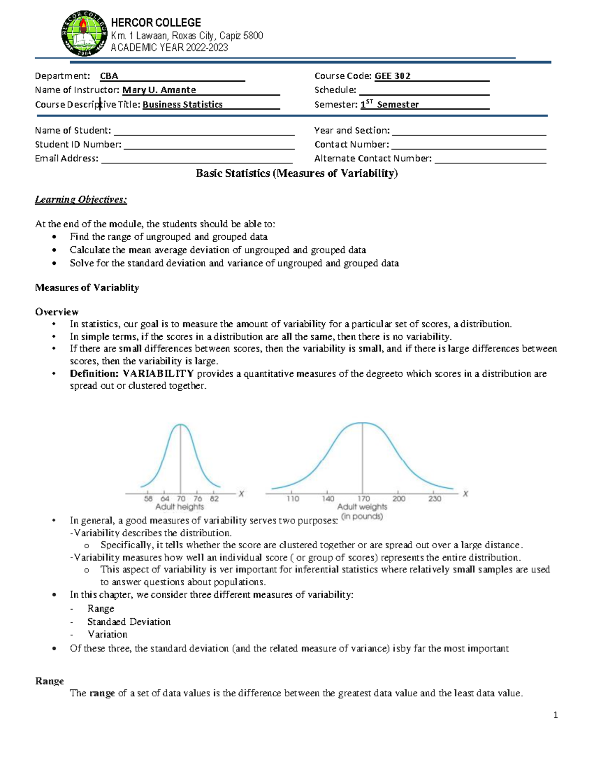 Measures-of-Variability - Department: CBA Course Code: GEE 302 Name of ...