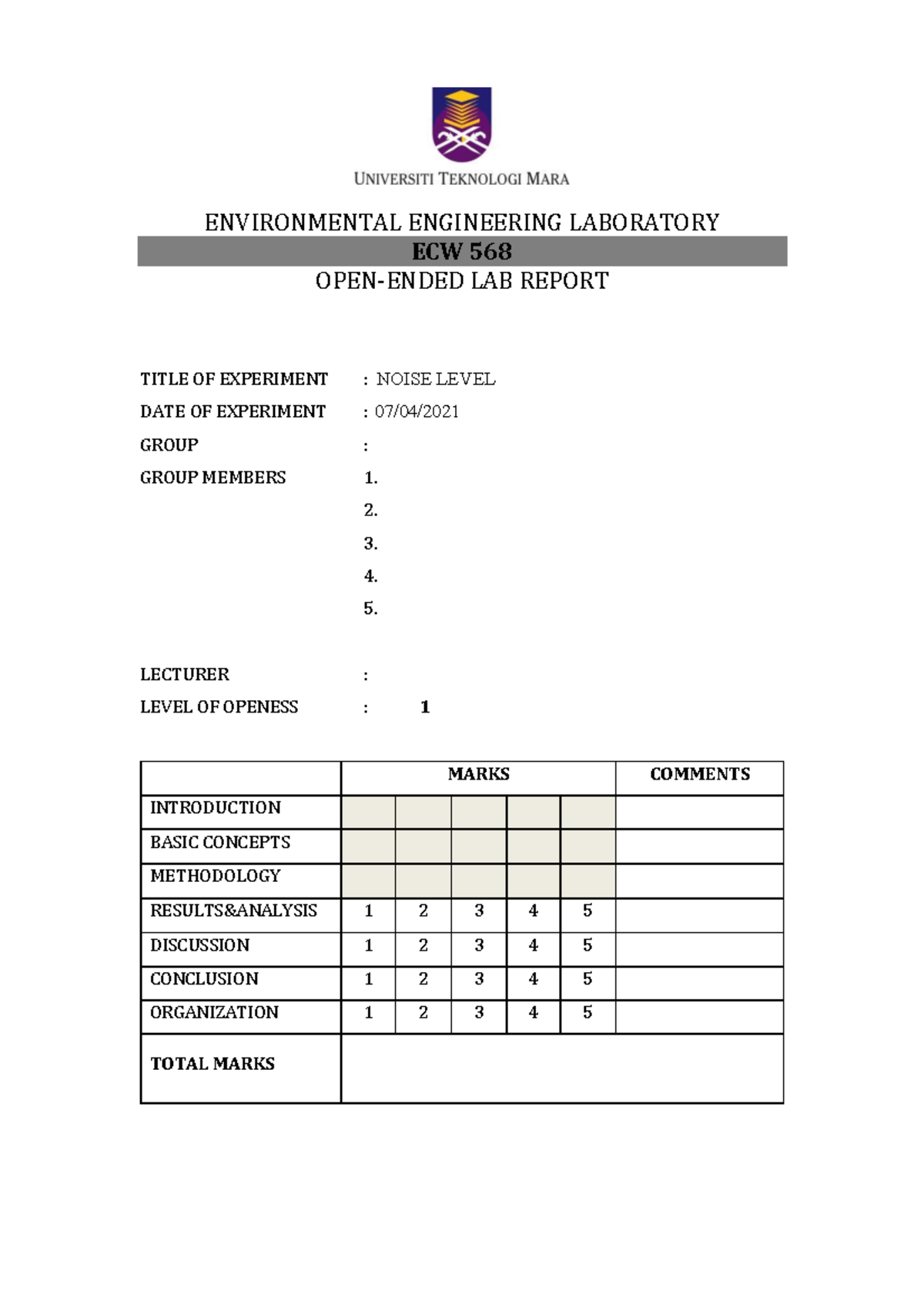 ECW568 LAB Report - Noise Level - ENVIRONMENTAL ENGINEERING LABORATORY ...