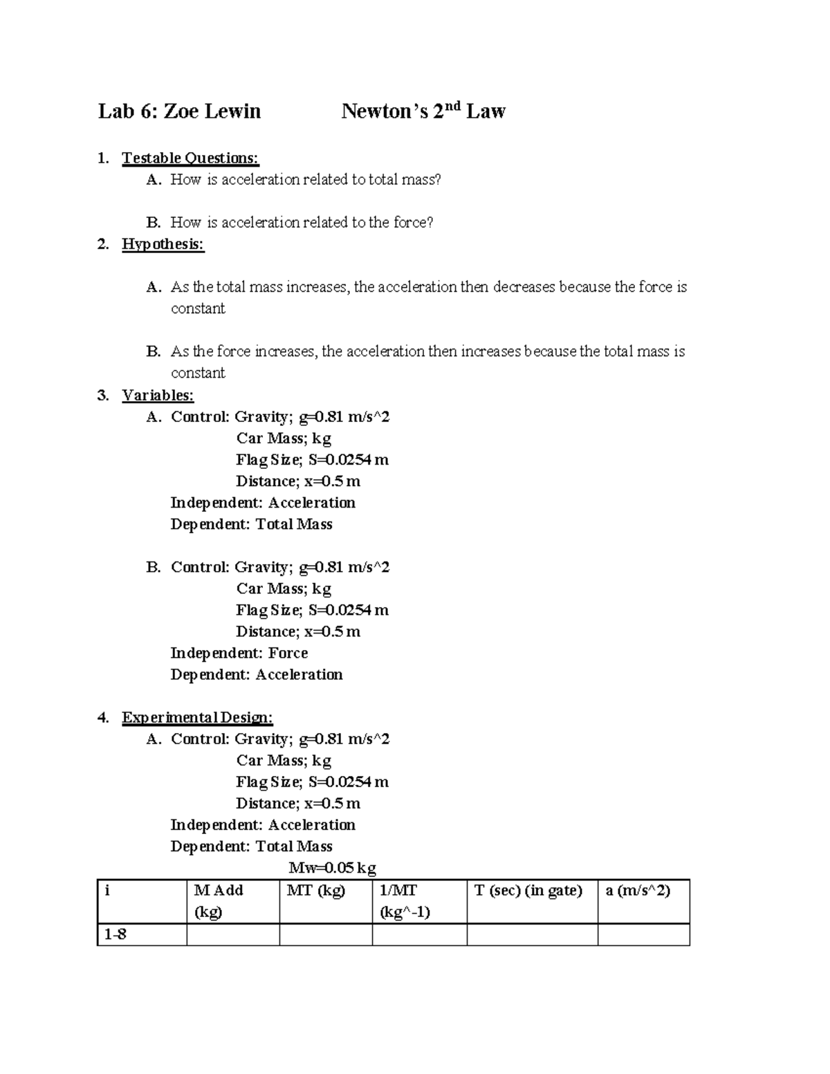 PHY111L Lab 6 Newtons 2nd Law3 - Lab 6 : Zoe Lewin Newton’s 2 nd Law ...