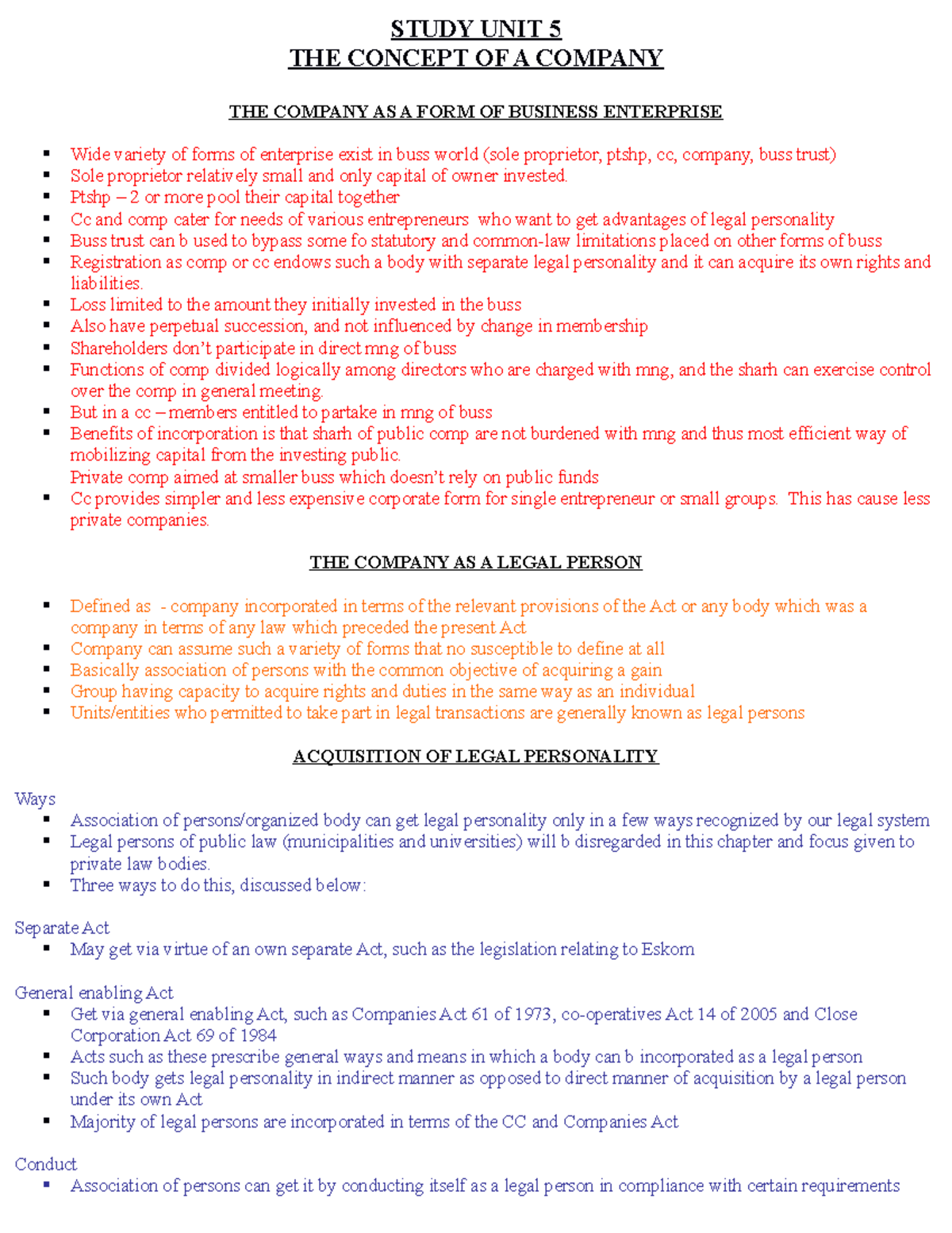 Entrep law - notes - STUDY UNIT 5 THE CONCEPT OF A COMPANY THE COMPANY ...