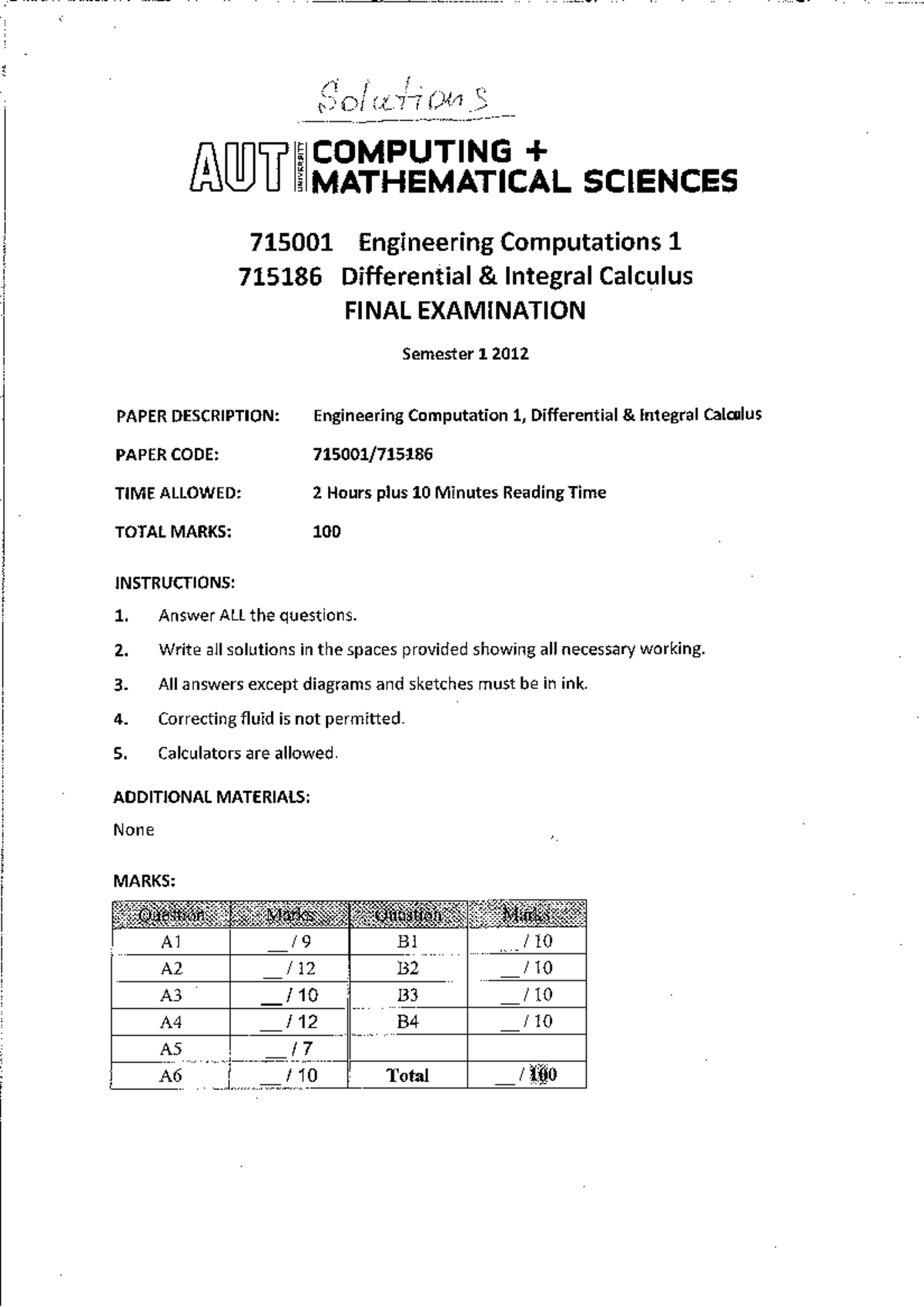 Exam 2012 s1, questions and answers - Engineering Mathematics - Studocu