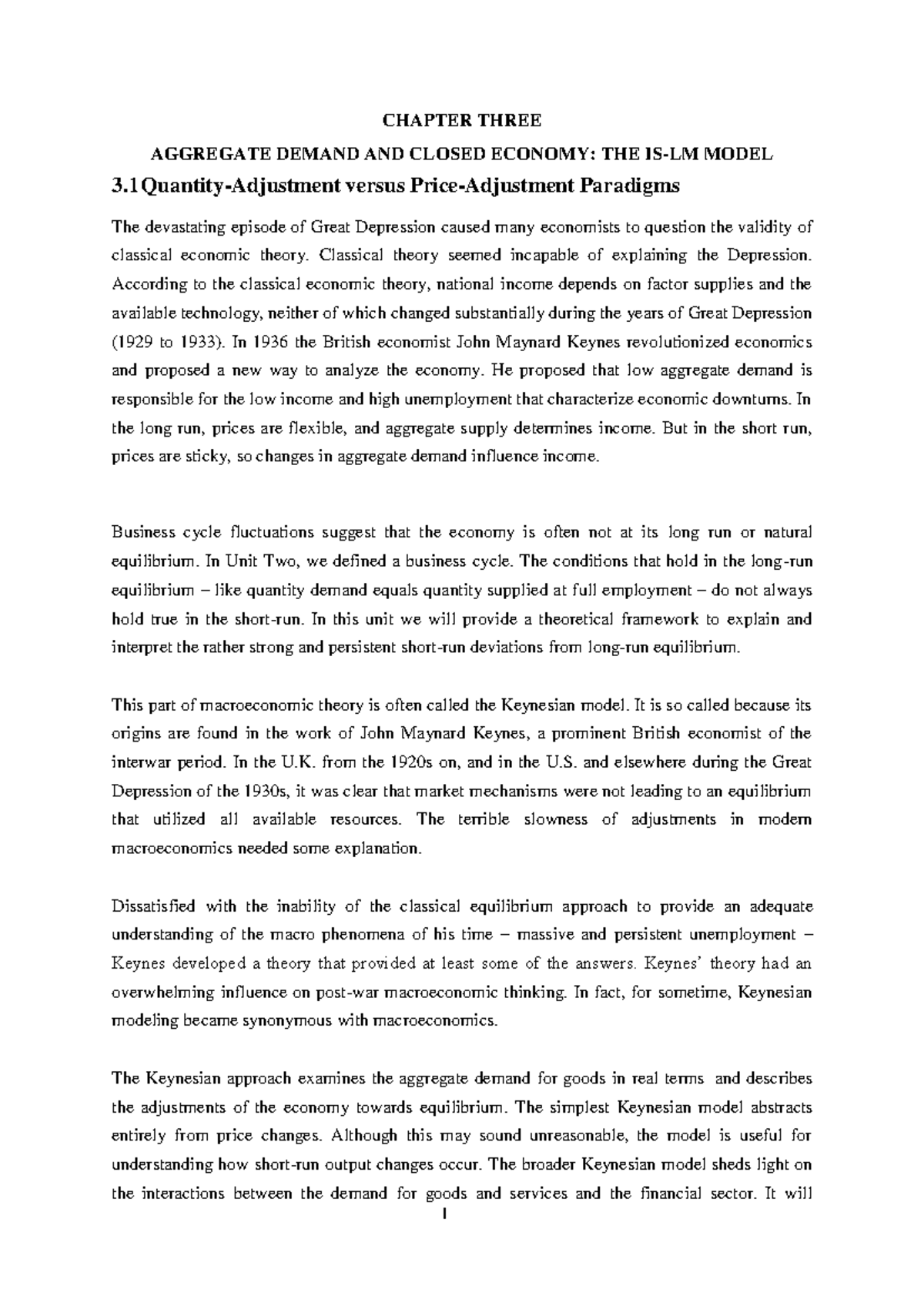 Macroeconomics Chapter 3 - CHAPTER THREE AGGREGATE DEMAND AND CLOSED ...