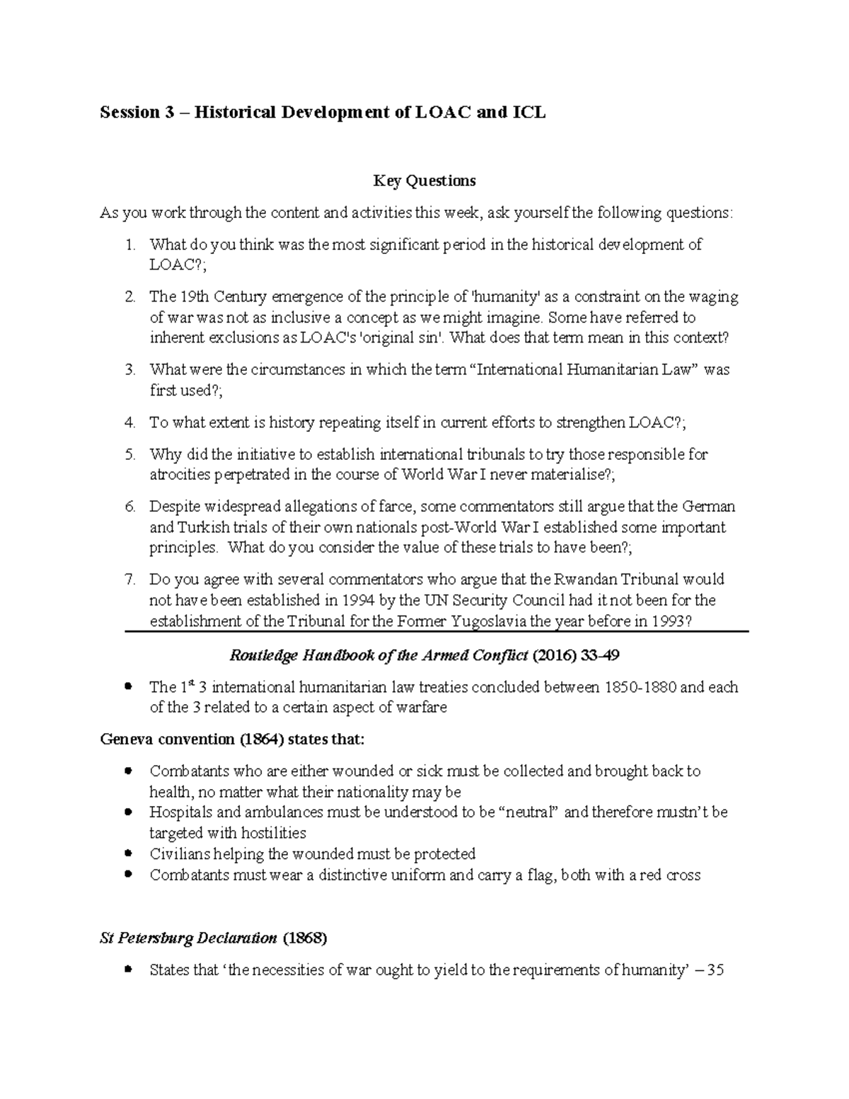 Session 3 - Session 3 – Historical Development of LOAC and ICL Key ...