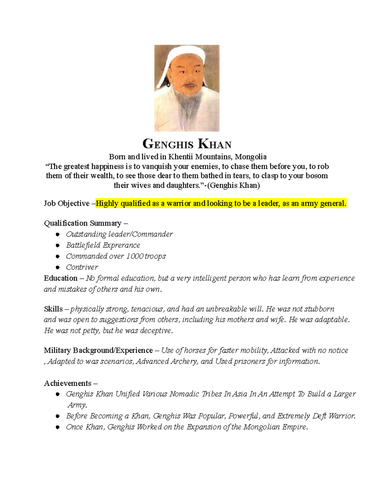 Resume of Genghis Khan - GENGHIS KHAN Born and lived in Khentii ...