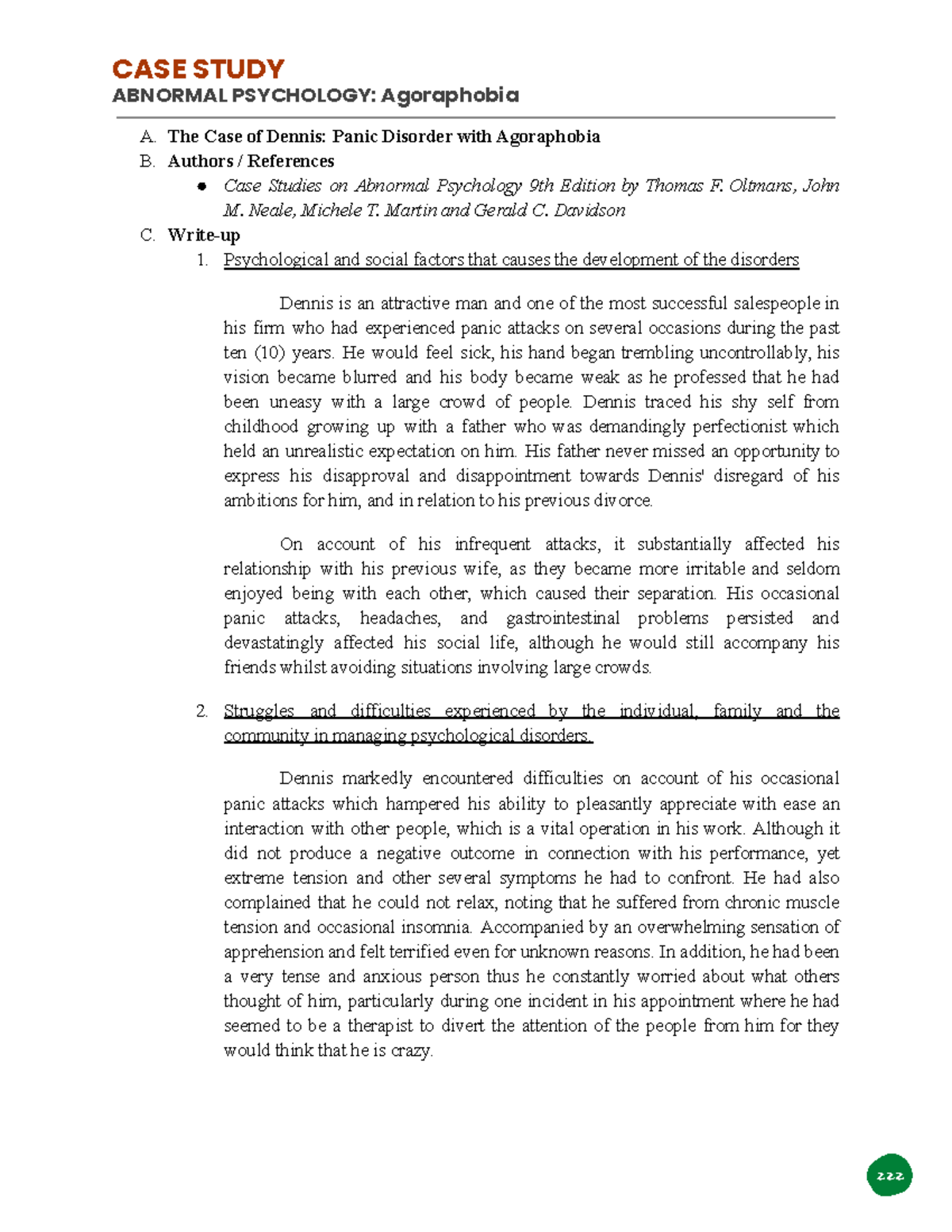 Abnormal Psychology Sample Case Study Agoraphobia - CASE STUDY ABNORMAL ...