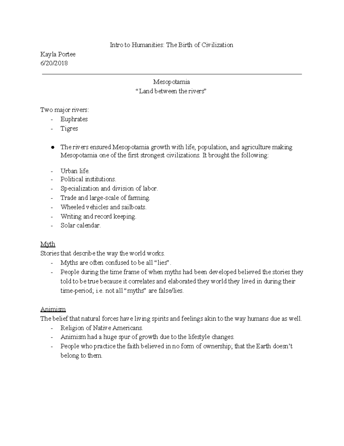 Intro to Humanities - The Birth of Civilization Notes - Intro to ...