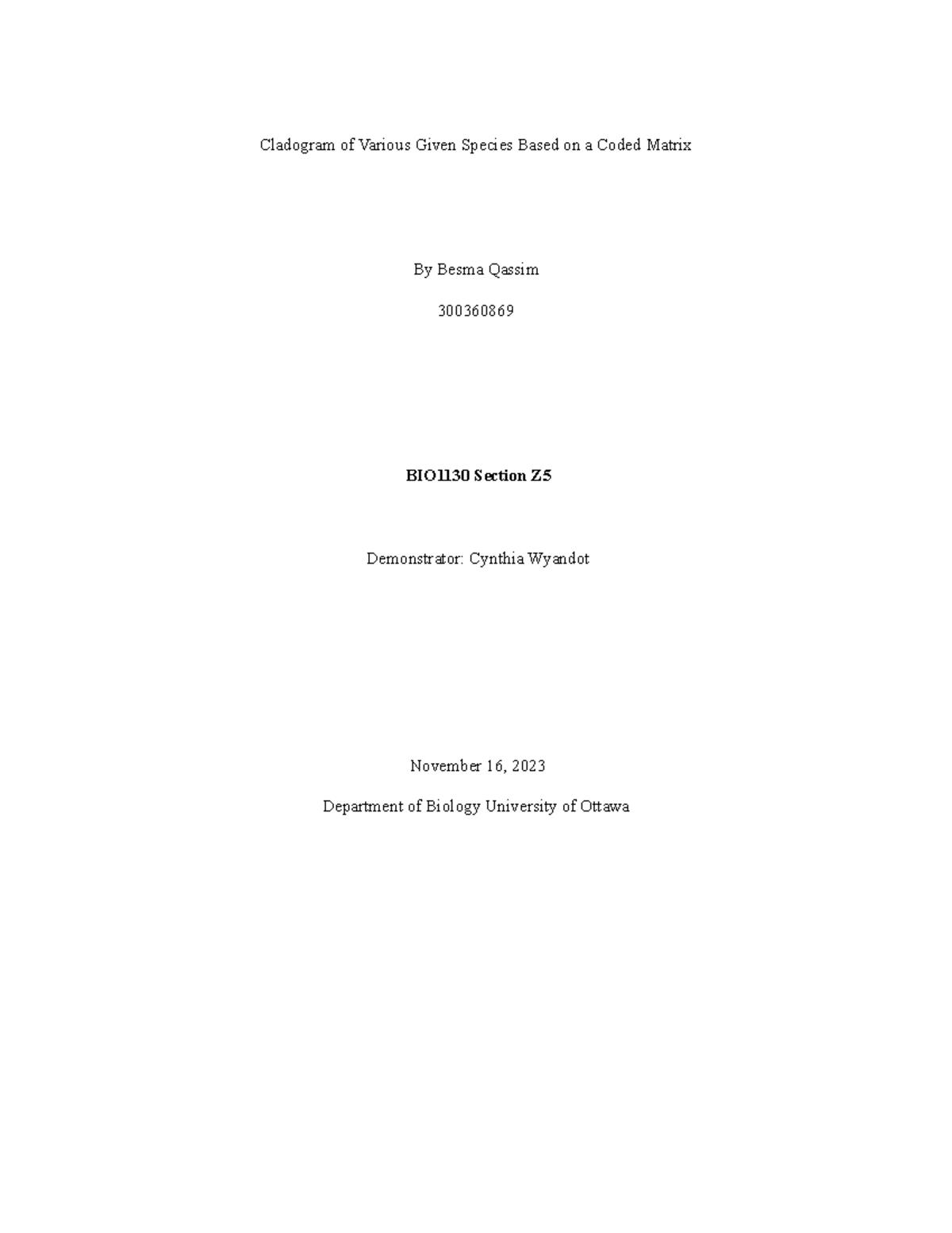 Cladogram report - Cladogram of Various Given Species Based on a Coded ...