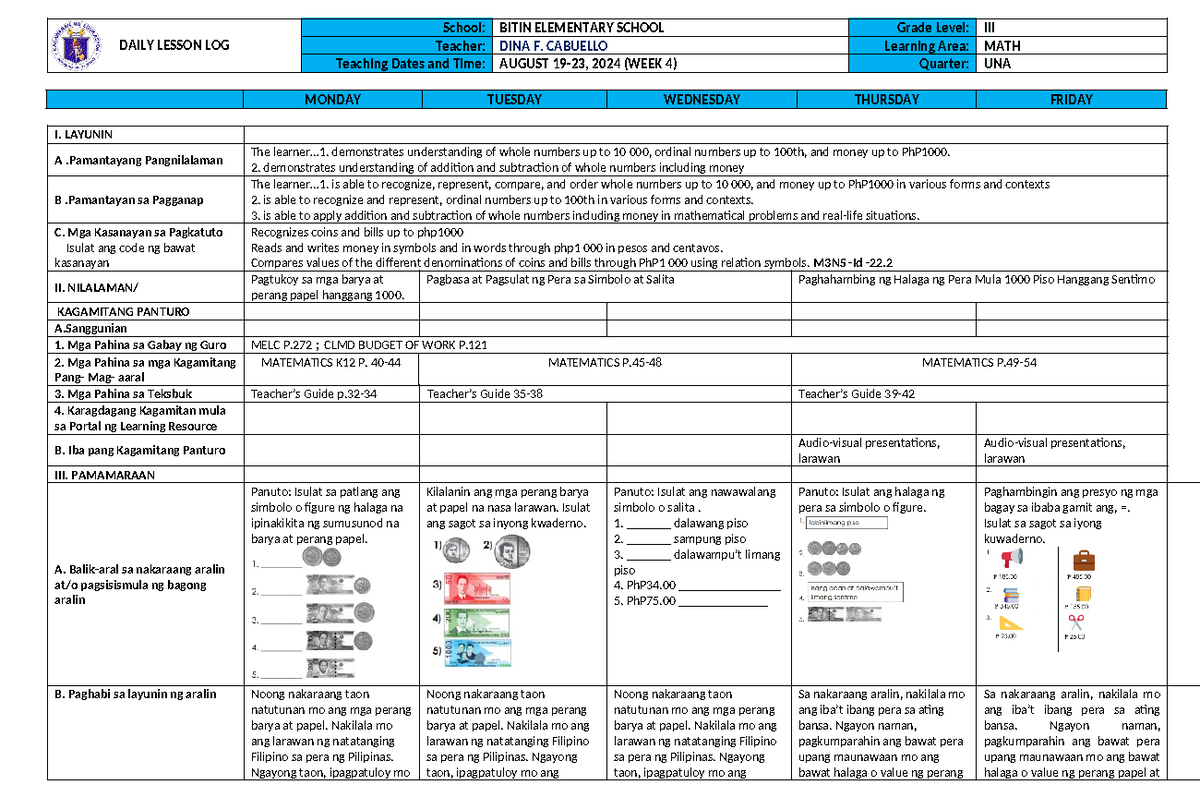 DLl MATH 3 WEEK 4 - LESSON PLAN - DAILY LESSON LOG School: BITIN ...