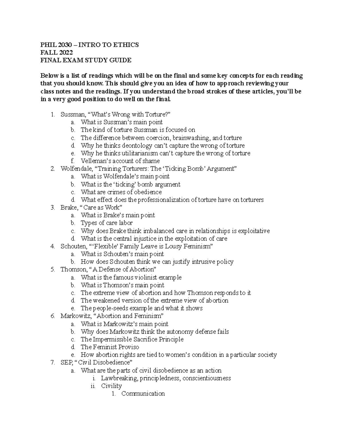 PHIL 2030 - Study Guide - PHIL 2030 – INTRO TO ETHICS FALL 2022 FINAL ...