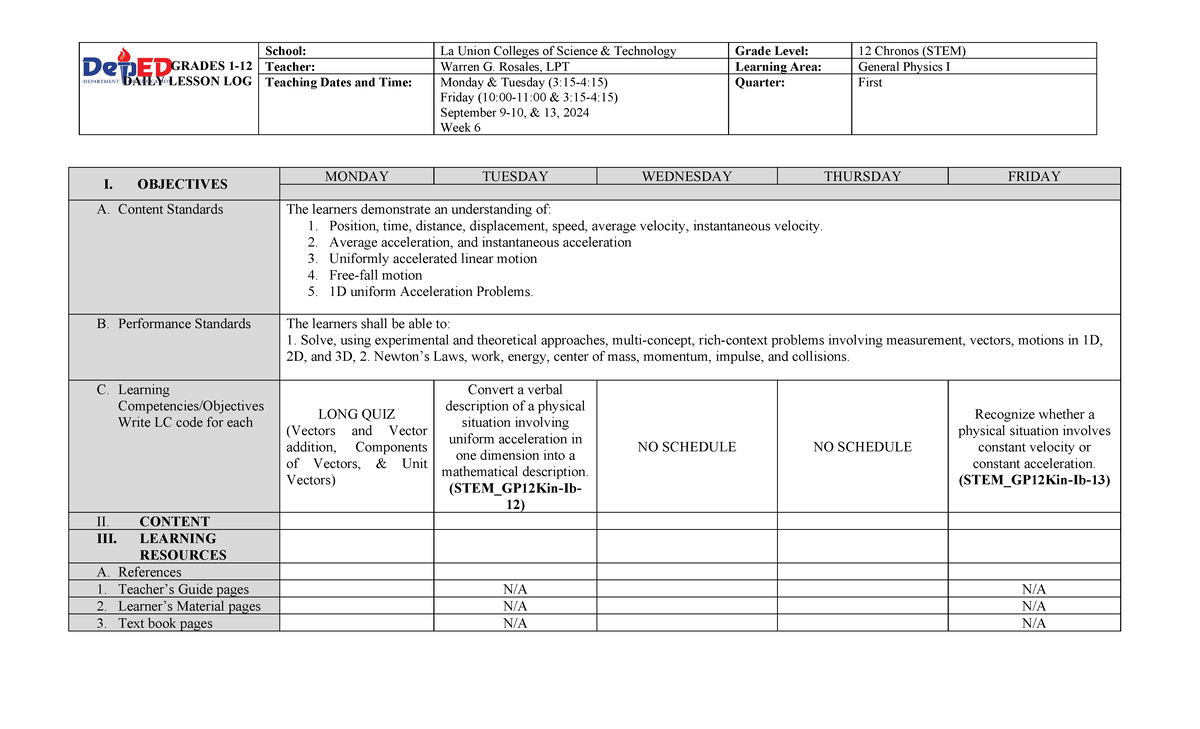 Week 6 Lecture Notes Grades 1 Daily Lesson Log Teacher Warren G Rosales Lpt Learning