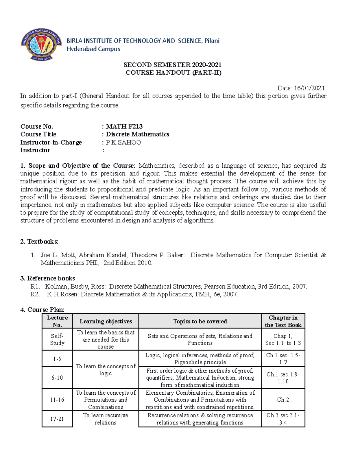 Math F213 Handout Birla Institute Of Technology And Science Pilani Hyderabad Campus Second 