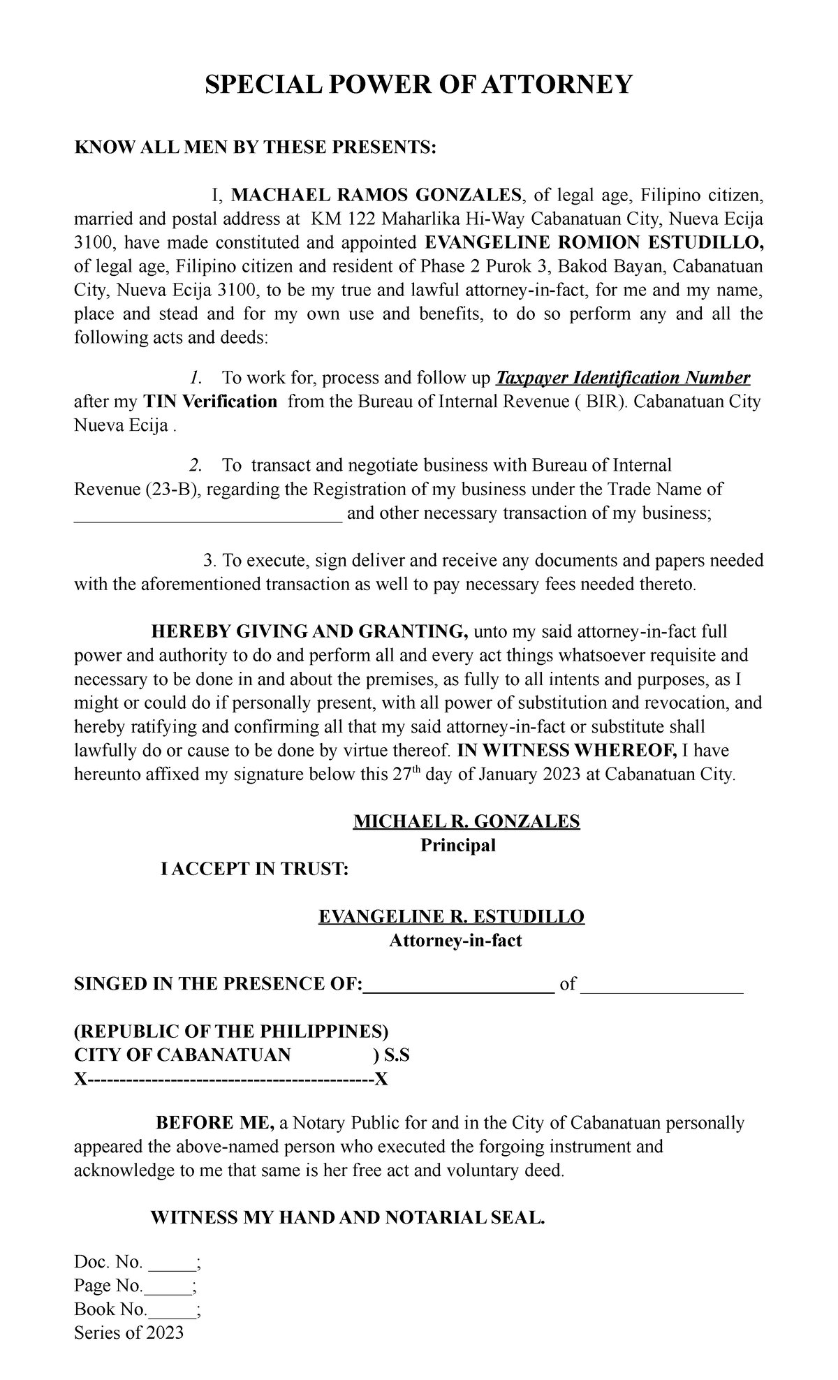 Republic OF THE Philippines - SPECIAL POWER OF ATTORNEY KNOW ALL MEN BY ...