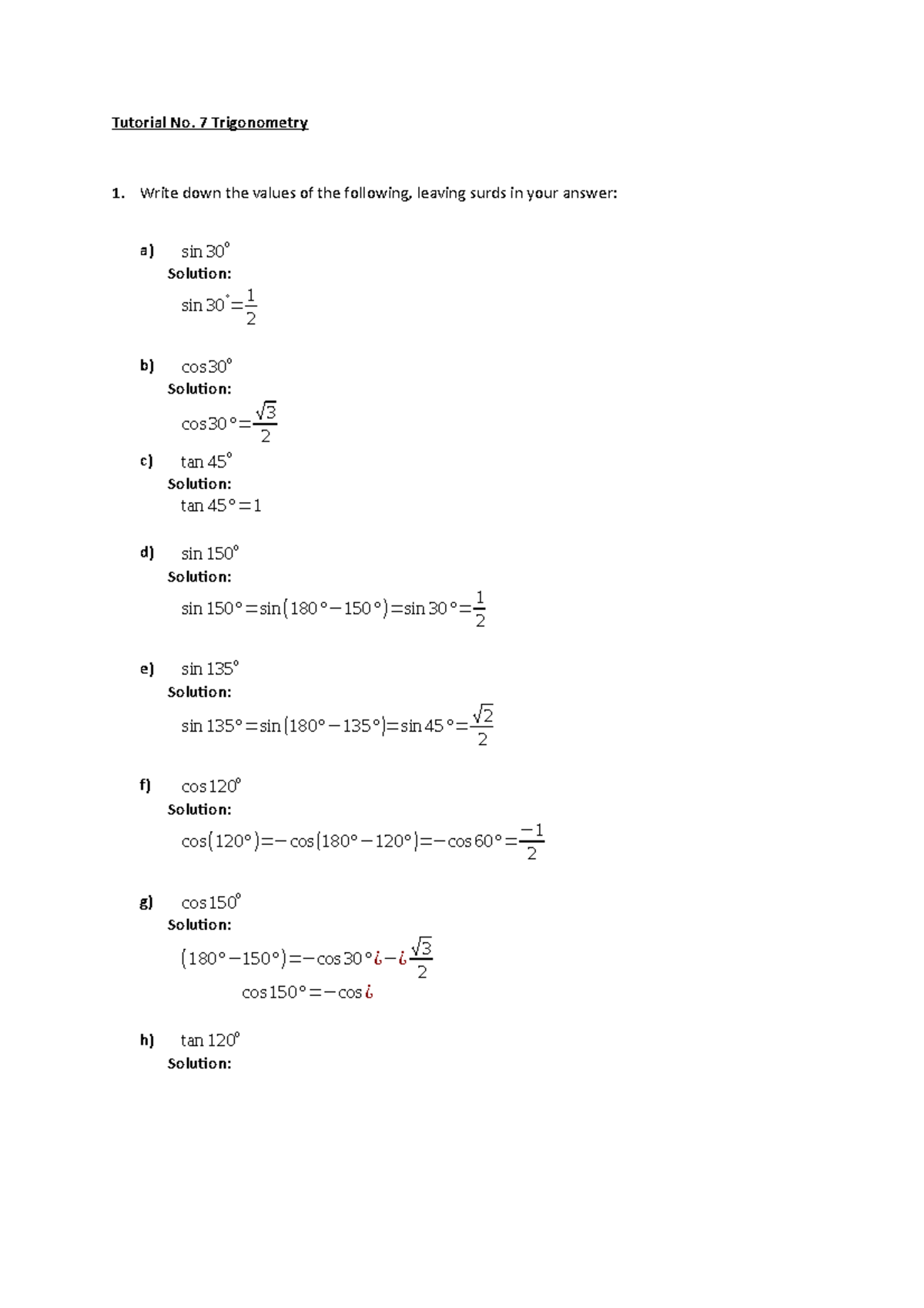 2018-2019 Tutorial No 7 Trigonometry - Tutorial No. 7 Trigonometry 1 ...